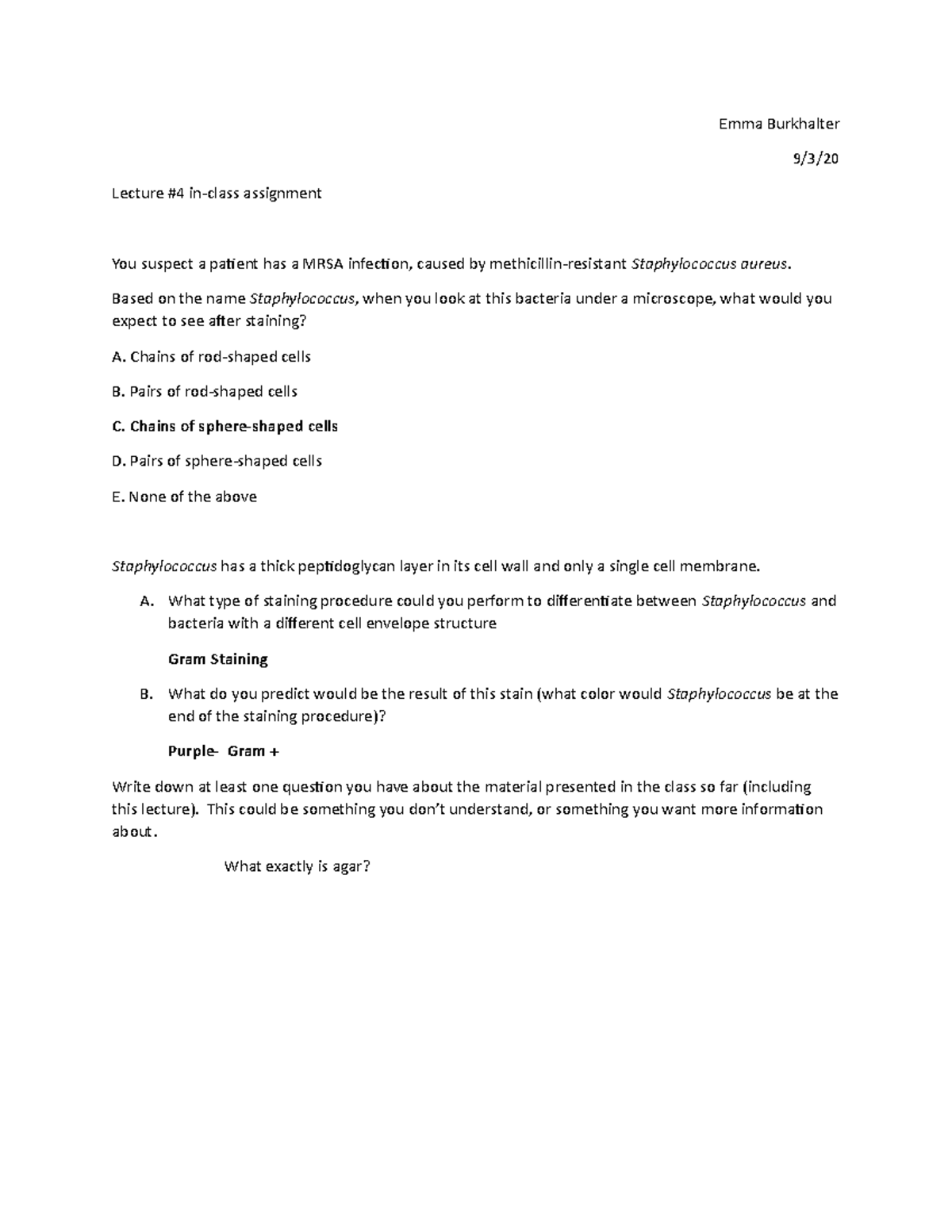 Lecture #4 - In-class assignment #4 for microbiology - Emma Burkhalter ...