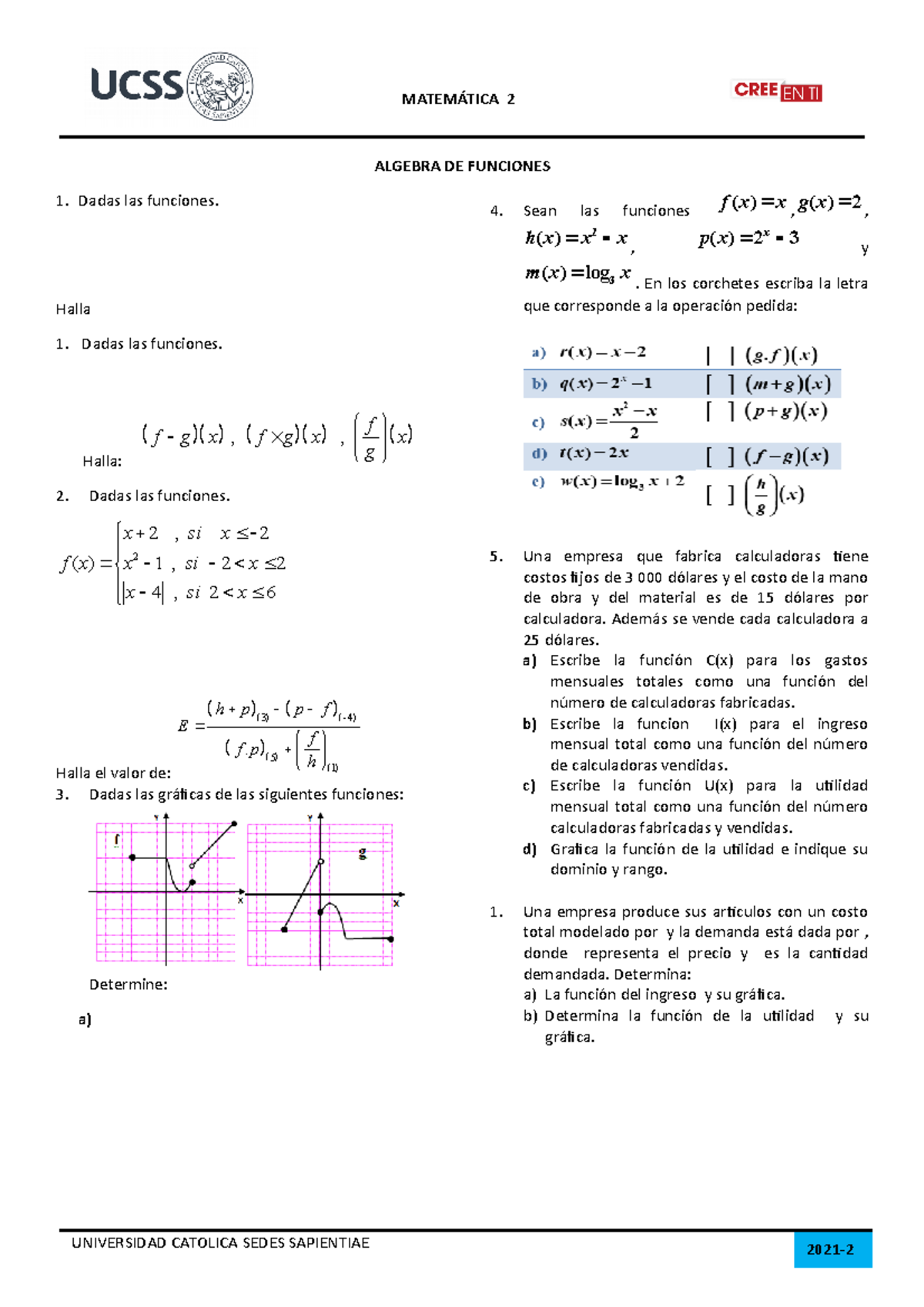 HT- Semana 15- Matematica 2 - ALGEBRA DE FUNCIONES 1. Dadas las ...