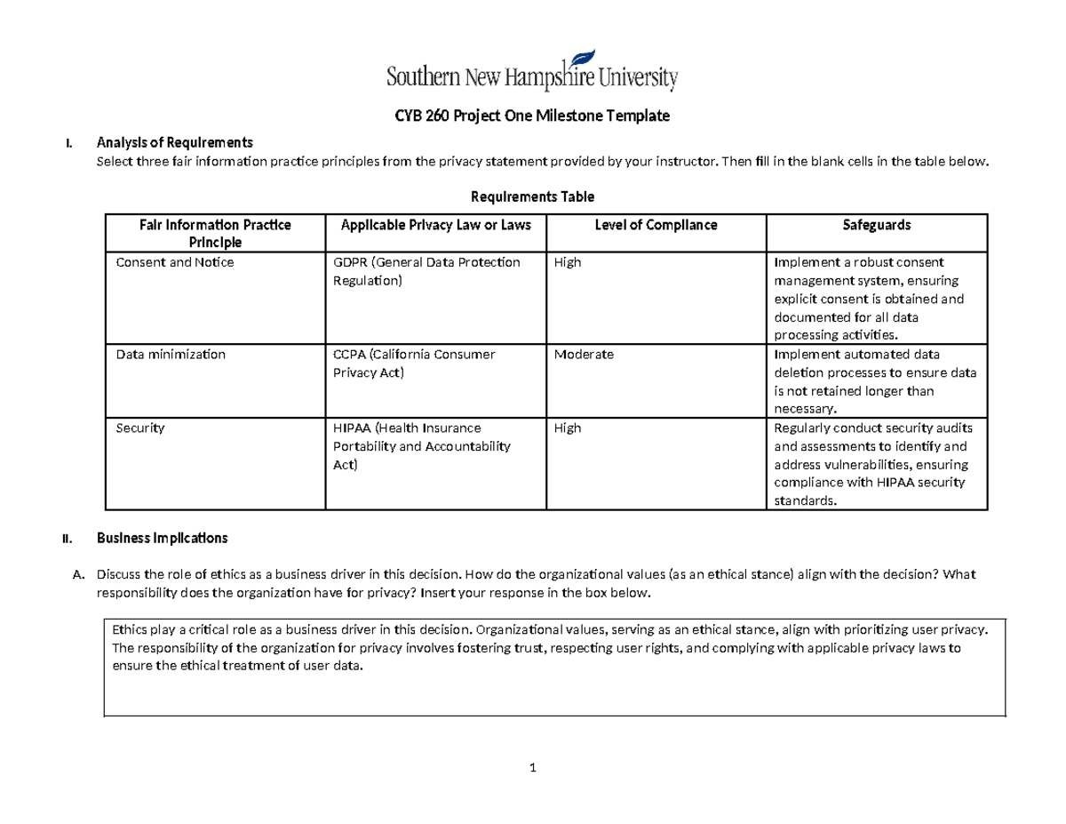 CYB 260 Project One Milestone SG - Analysis of Requirements Select three fair information ...