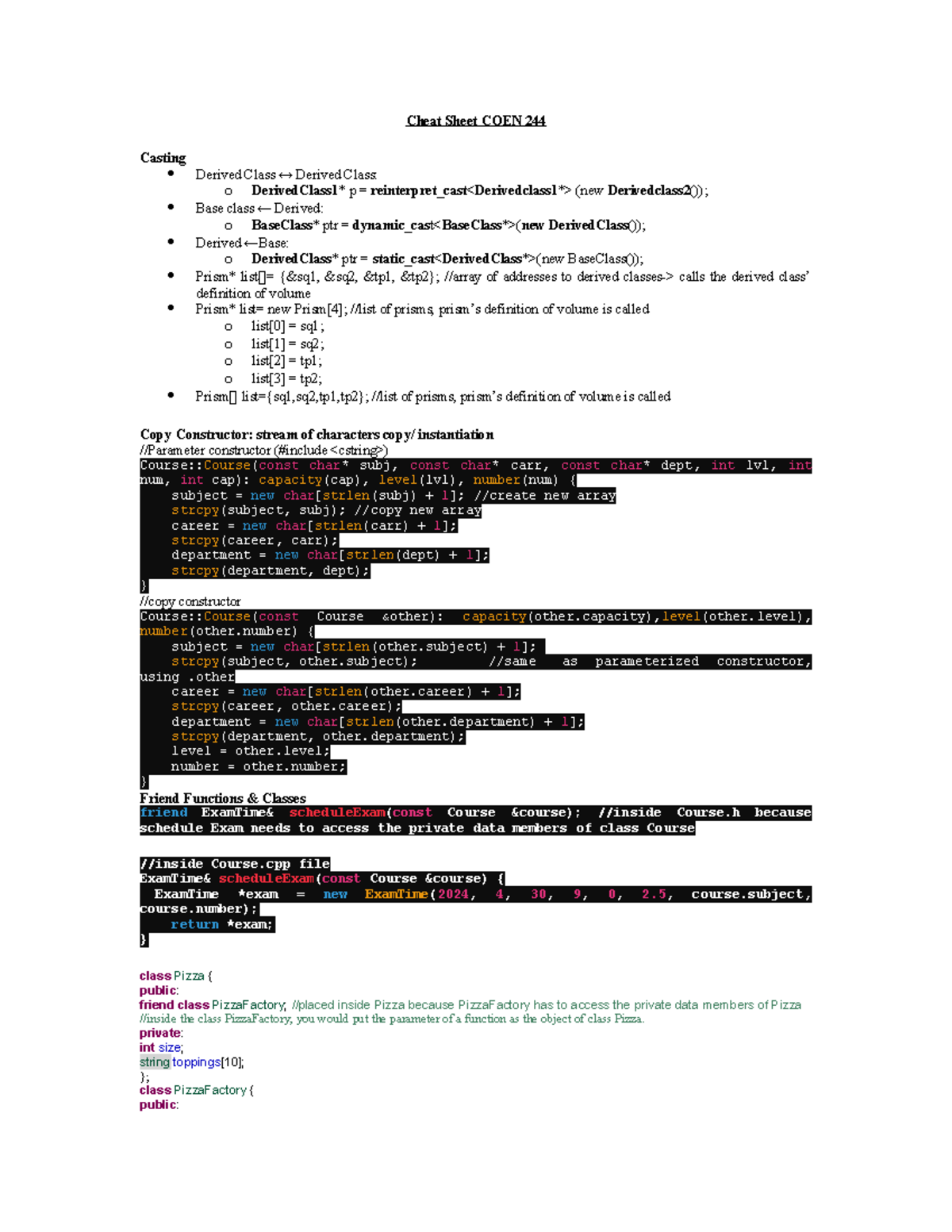 Cheat Sheet Coen 244 Summary Programming Methodology Ii Cheat Sheet Coen 244 Casting Derived