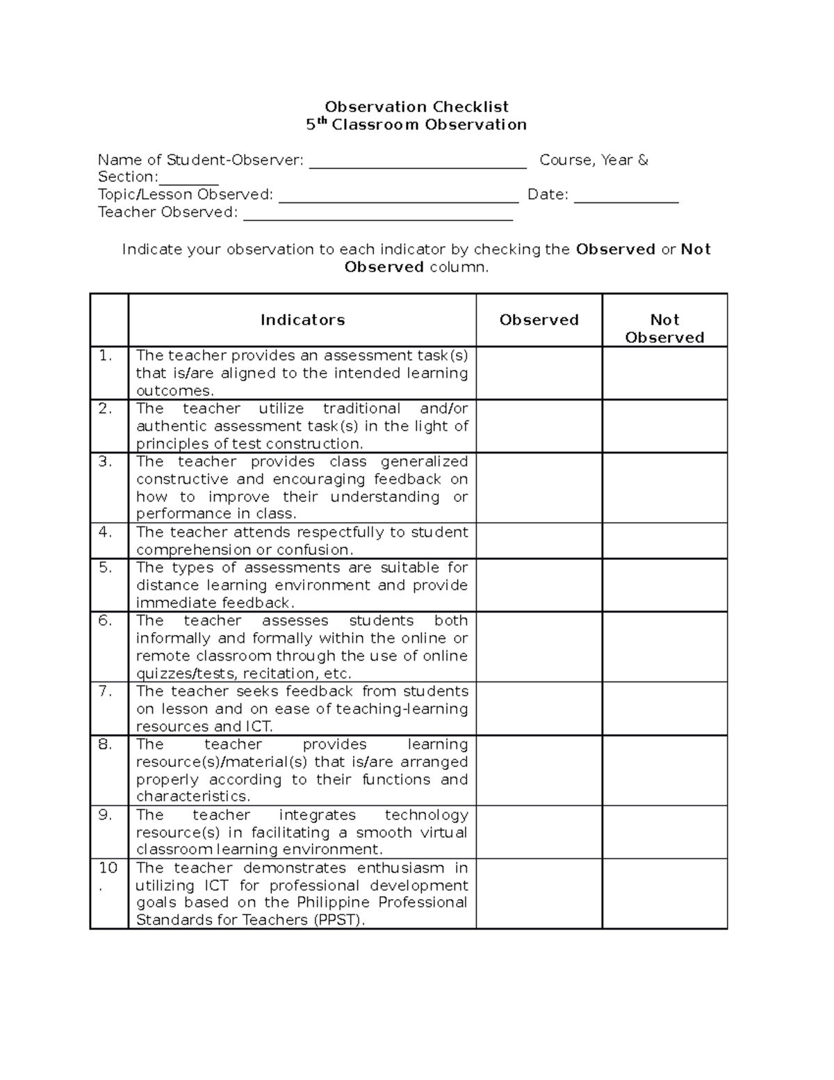 Classroom Observation Checklist No. 5 - Observation Checklist 5 th ...