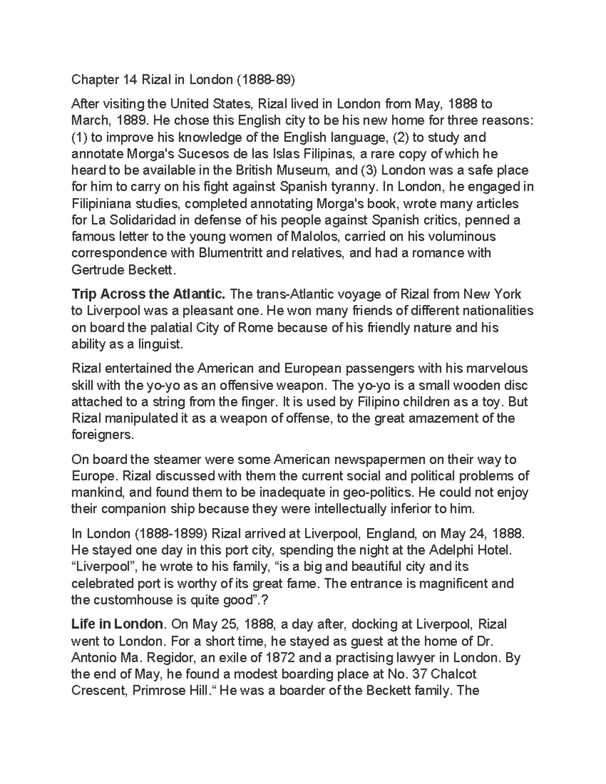 Chapter 14 Rizal in London - Chapter 14 Rizal in London (1888-89) After ...