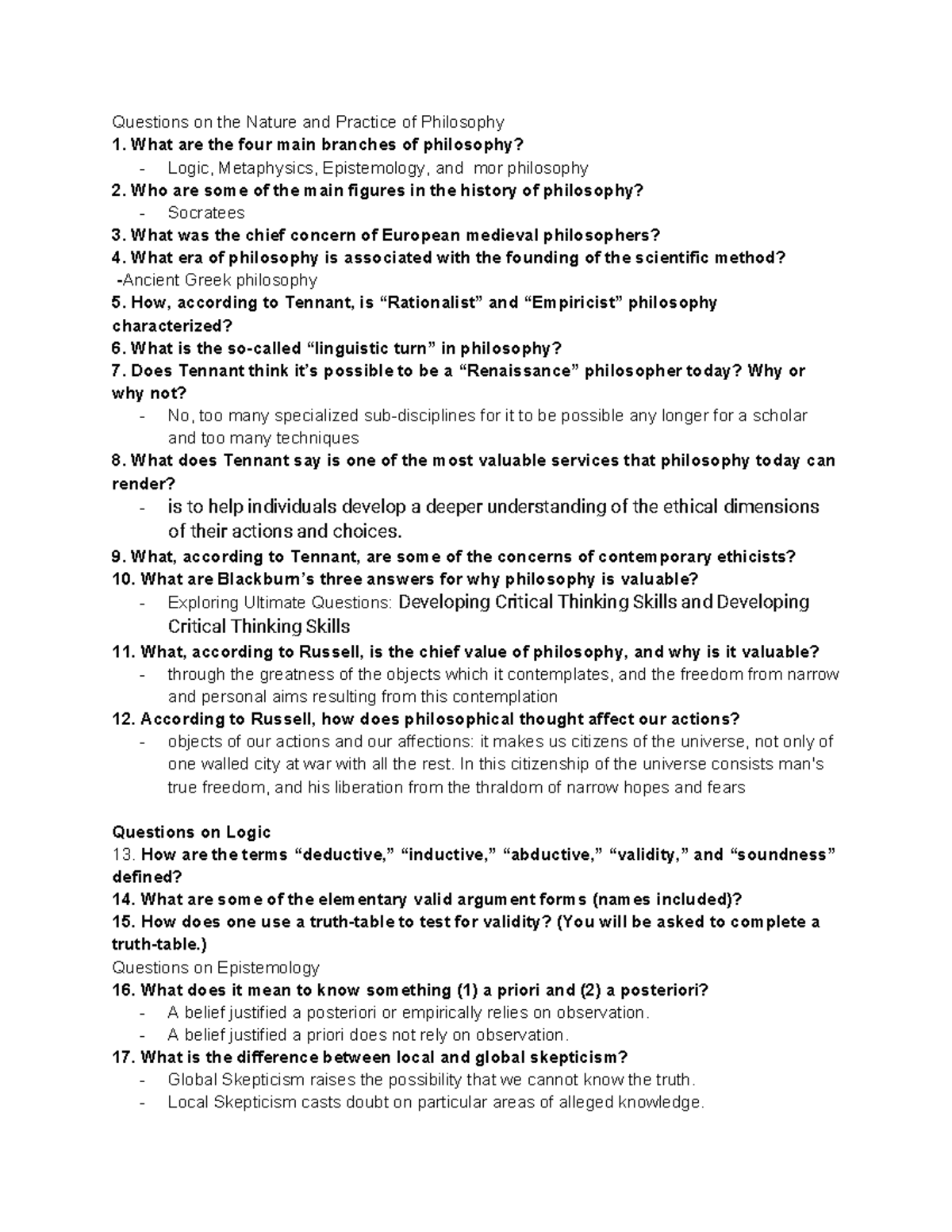 Philosophy Exam 1 Review - Questions on the Nature and Practice of ...