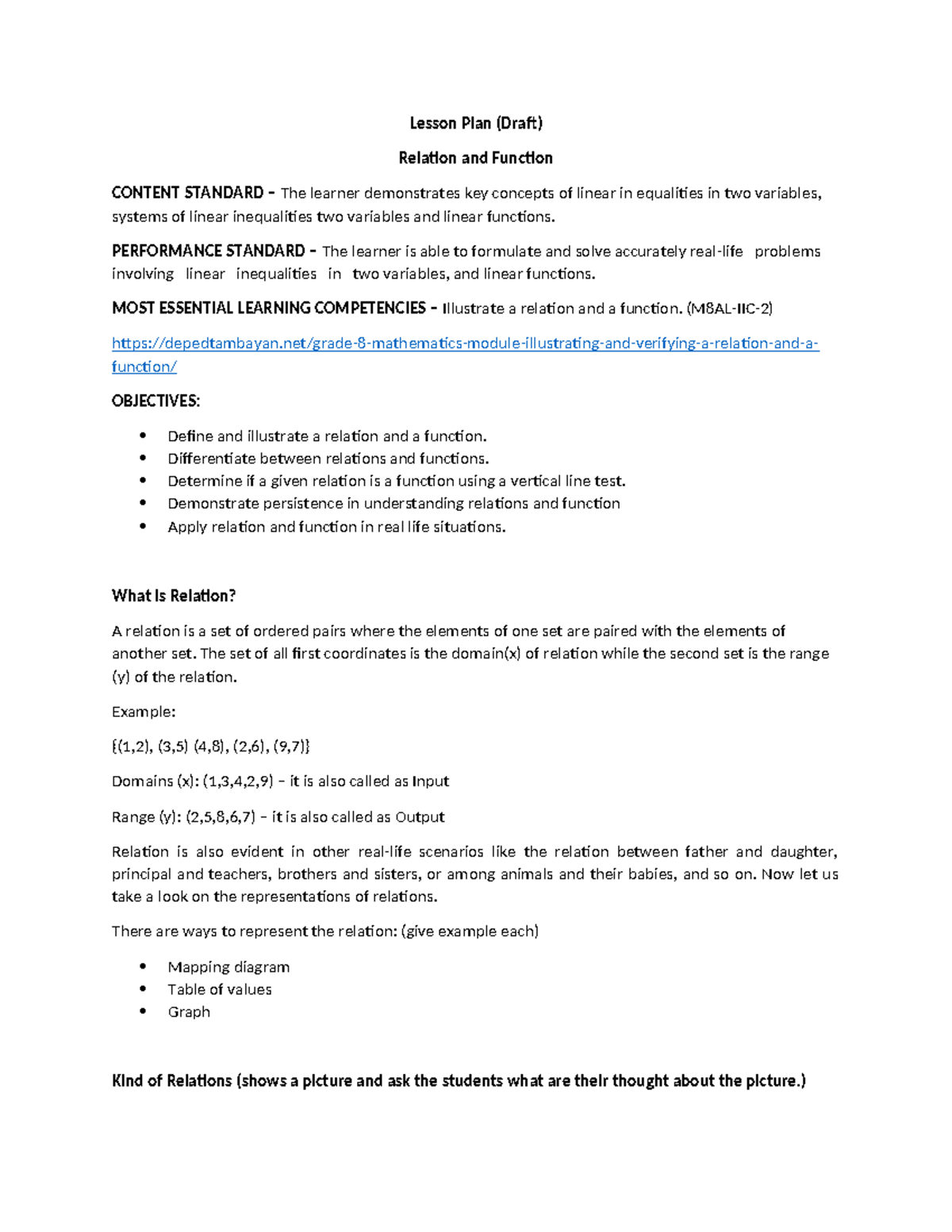 Lesson-Plan - Not complete - Lesson Plan (Draft) Relation and Function ...