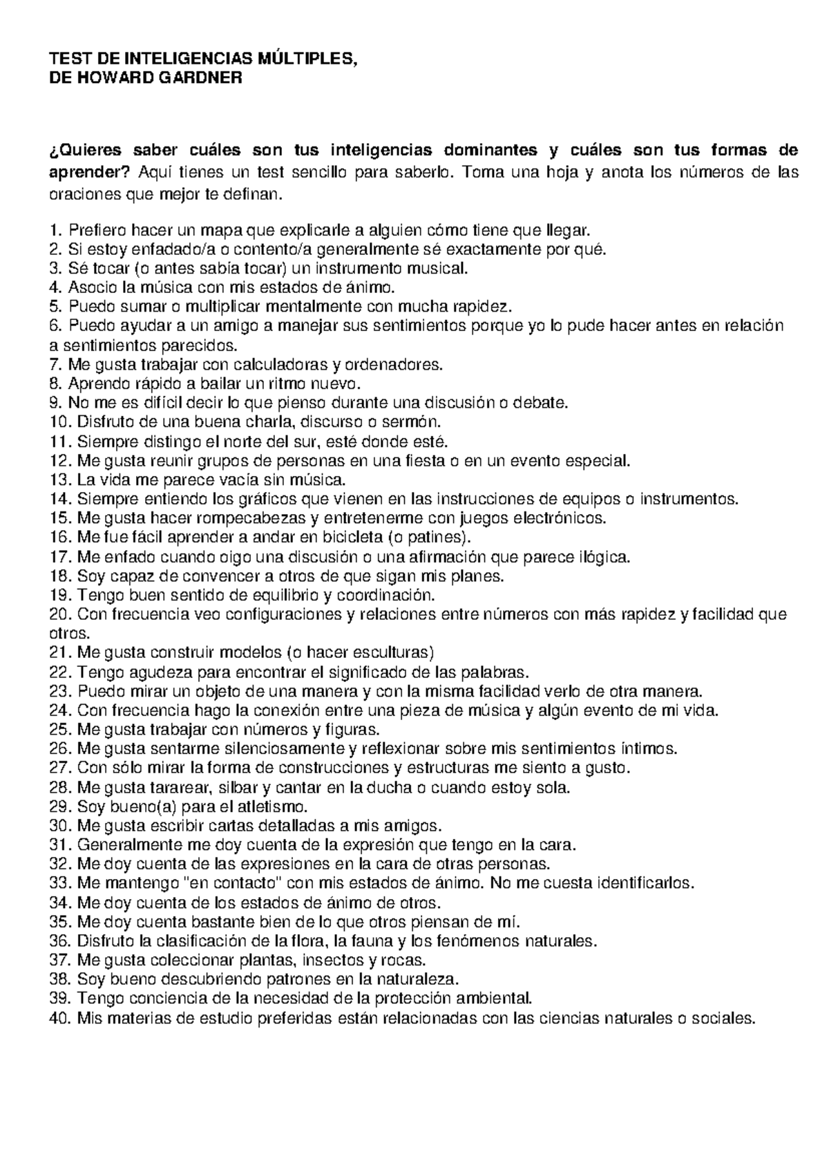 Test Inteligencias Multiples Gardner - TEST DE INTELIGENCIAS MÚLTIPLES ...