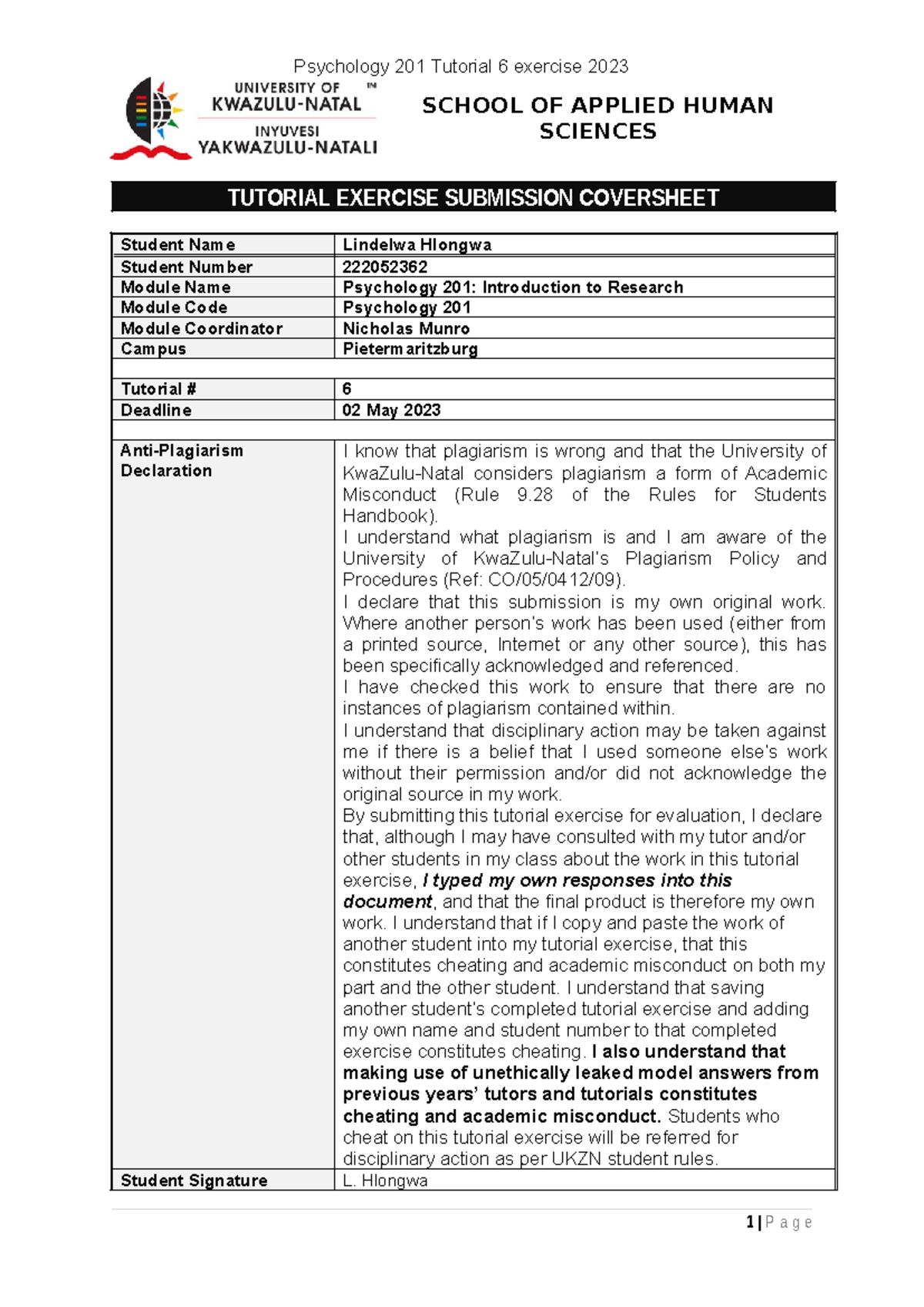 Psych 201 TUT 6 - USE YOUR OWN WORDS - SCHOOL OF APPLIED HUMAN SCIENCES TUTORIAL EXERCISE ...