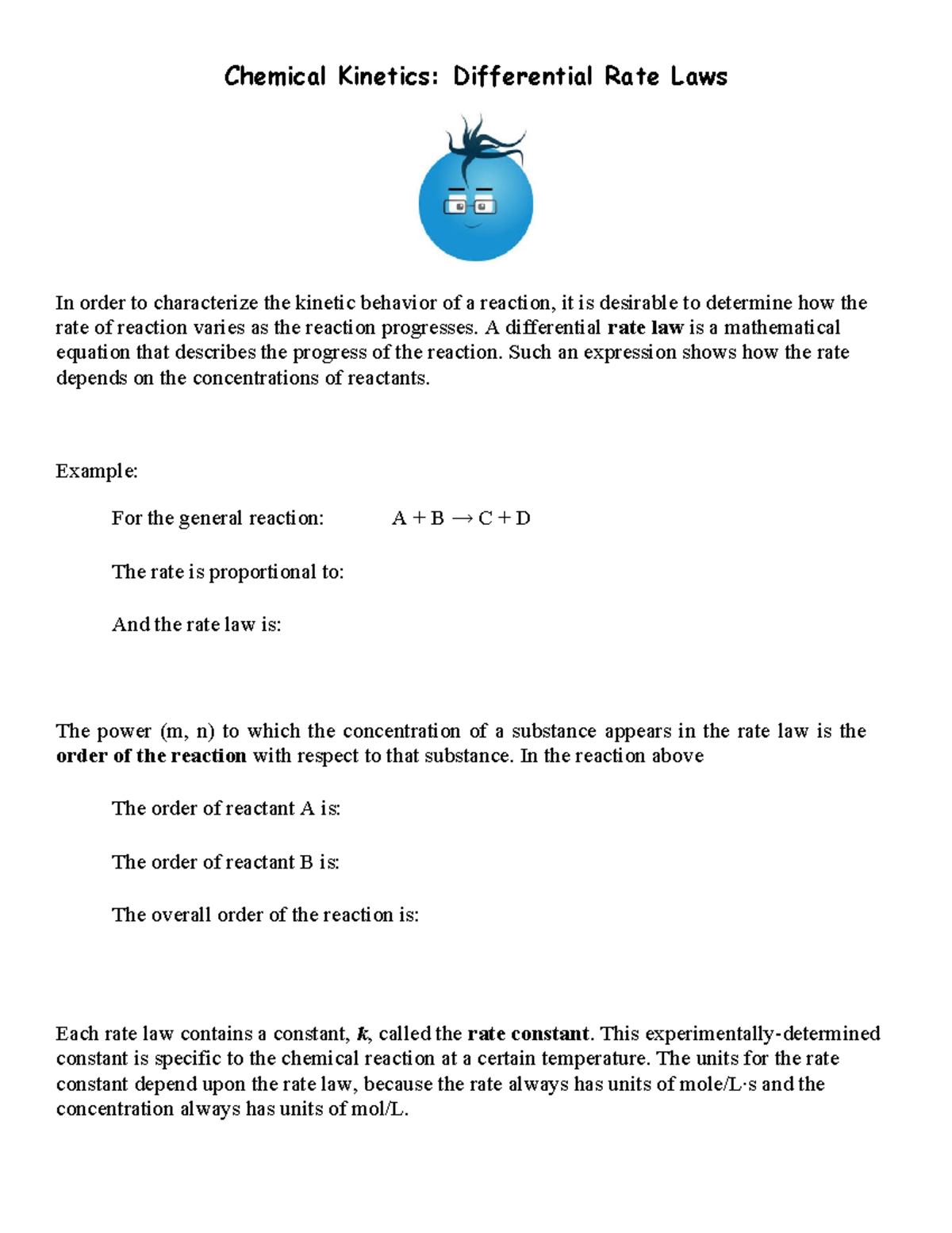Rate laws single step rxns notes - Chemical Kinetics: Differential Rate ...