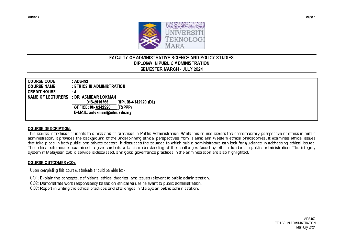 ADS452 sow - ADS ETHICS IN ADMINISTRATON FACULTY OF ADMINISTRATIVE ...