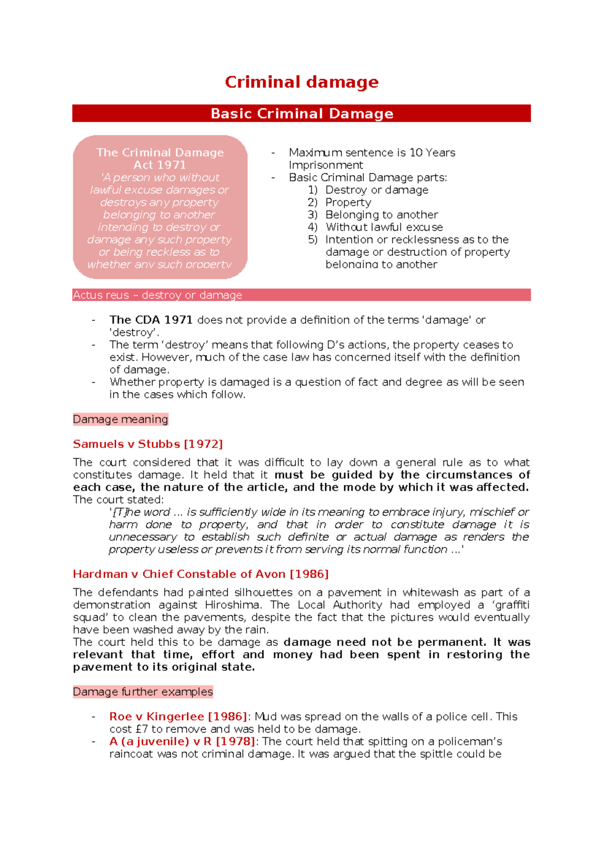 Criminal Law - Workshop 3 - Criminal damage - Criminal damage Basic ...