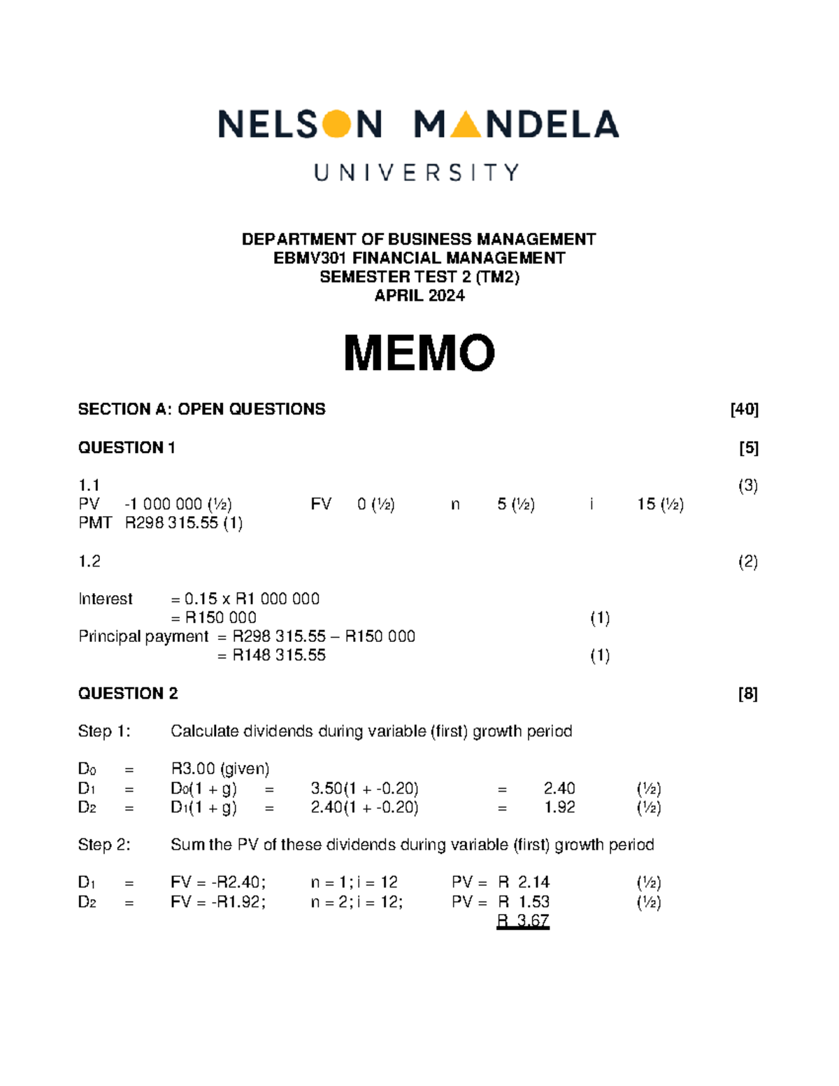 2024 EBM301 Sem test 2 Memo Moodle - DEPARTMENT OF BUSINESS MANAGEMENT ...