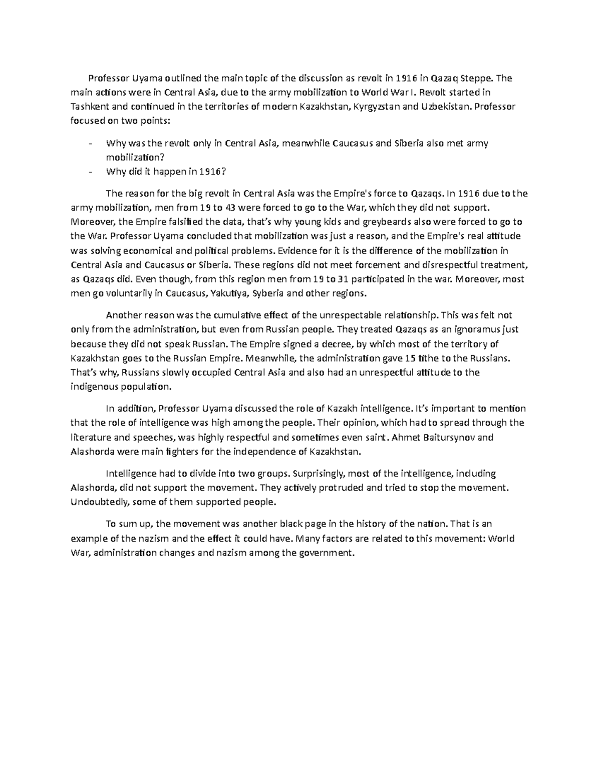 Extra rp Aidana K - Response paper on guest lecture by professor Uyama ...