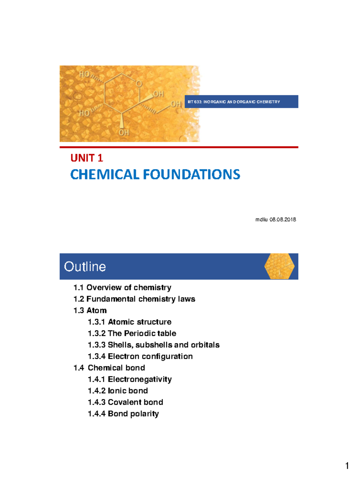 Unit 1 Chemical Foundations - MT 633: INORGANIC AND ORGANIC CHEMISTRY ...