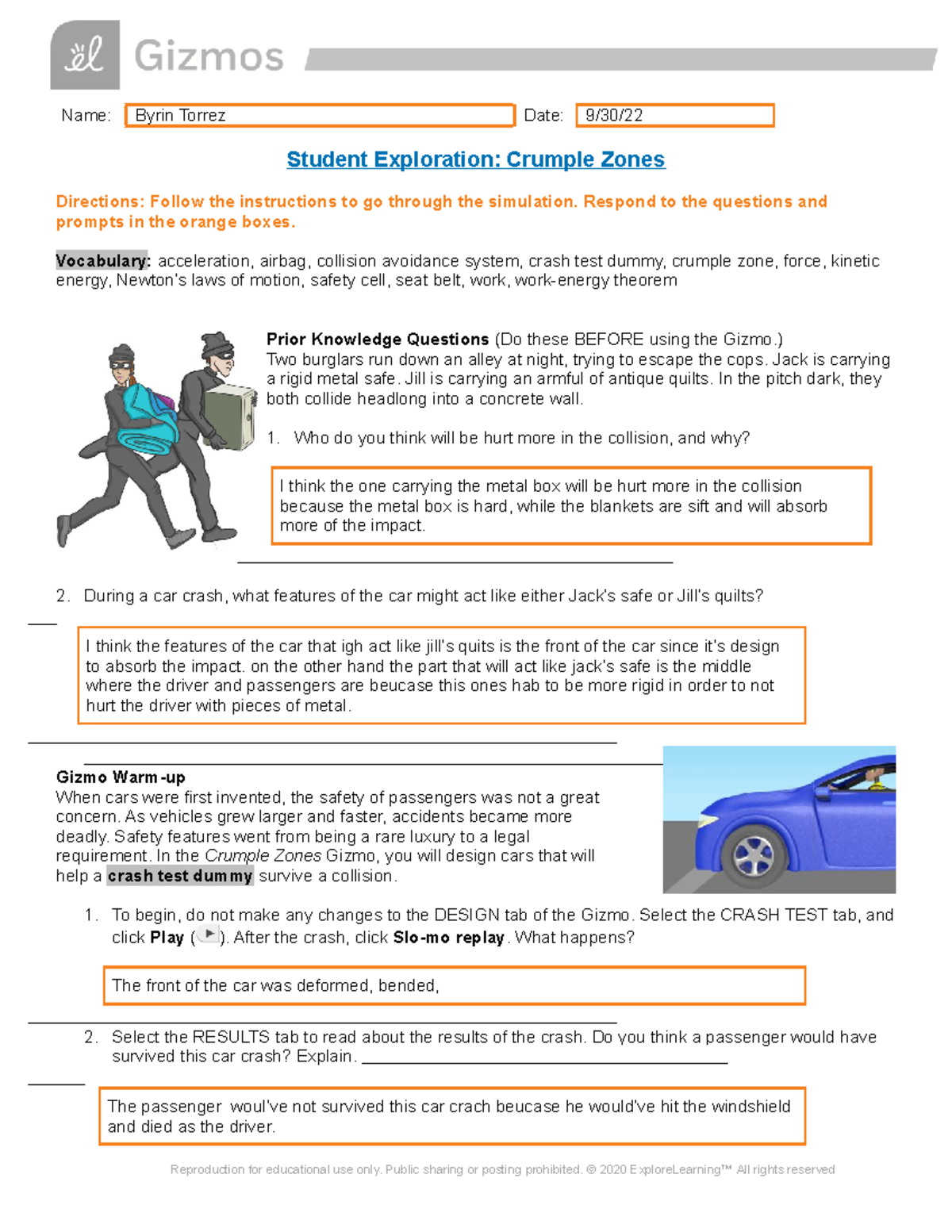 Gizmos Crumple Zones - Name: Byrin Torrez Date: 9/30/ Student ...