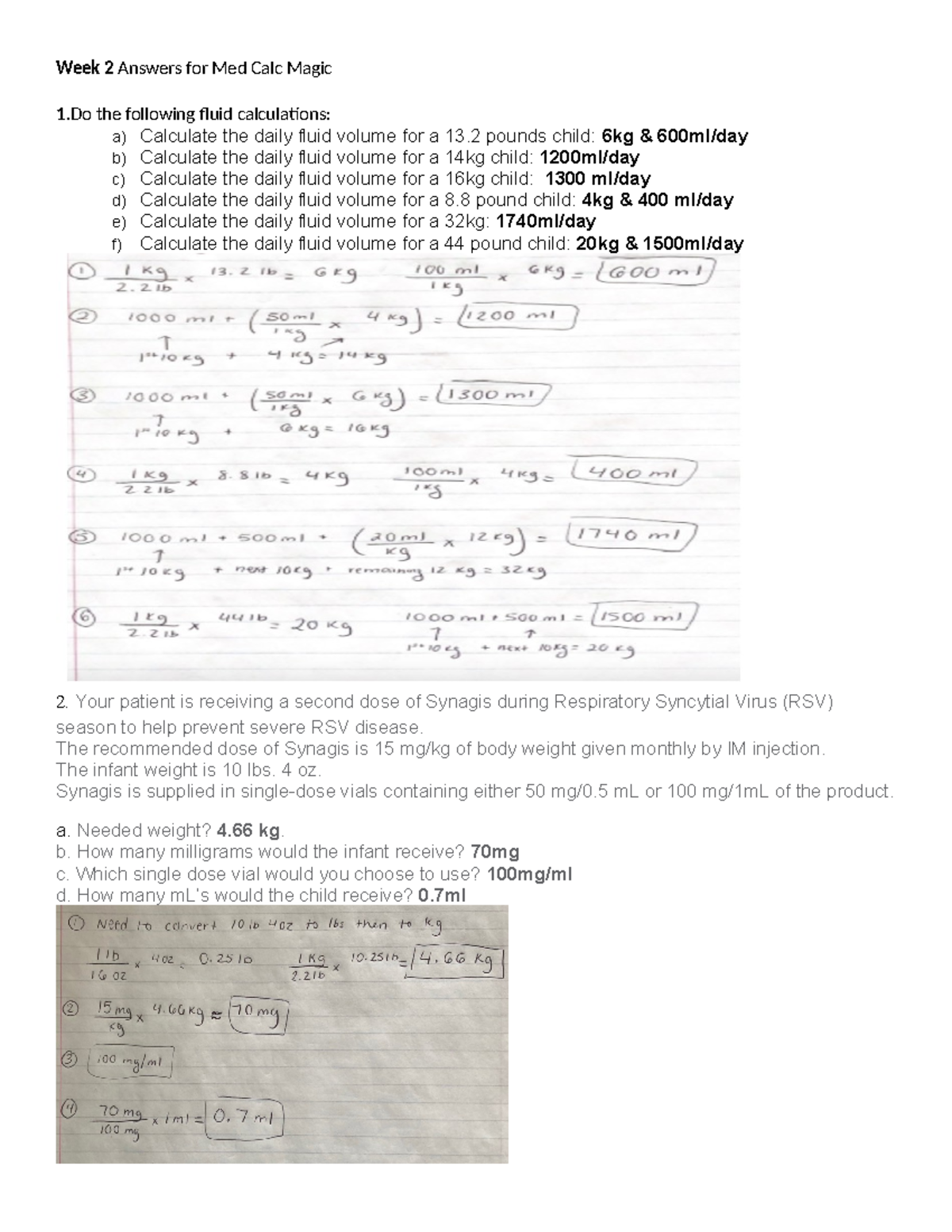 Week 2 Answers for Med Calc Magic - Week 2 Answers for Med Calc Magic 1 the following fluid ...