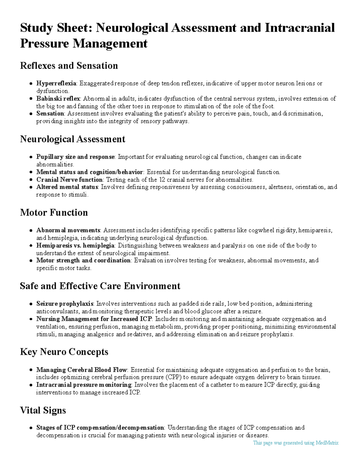 Neurological assessment and intracranial pressure - Study Sheet ...