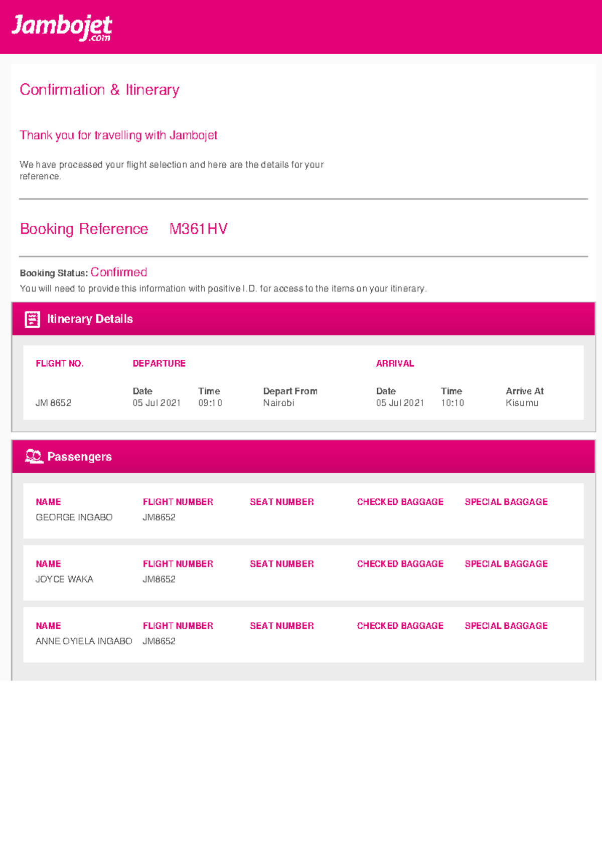 M361HV booking confirmation - Booking Reference M361HV Itinerary ...