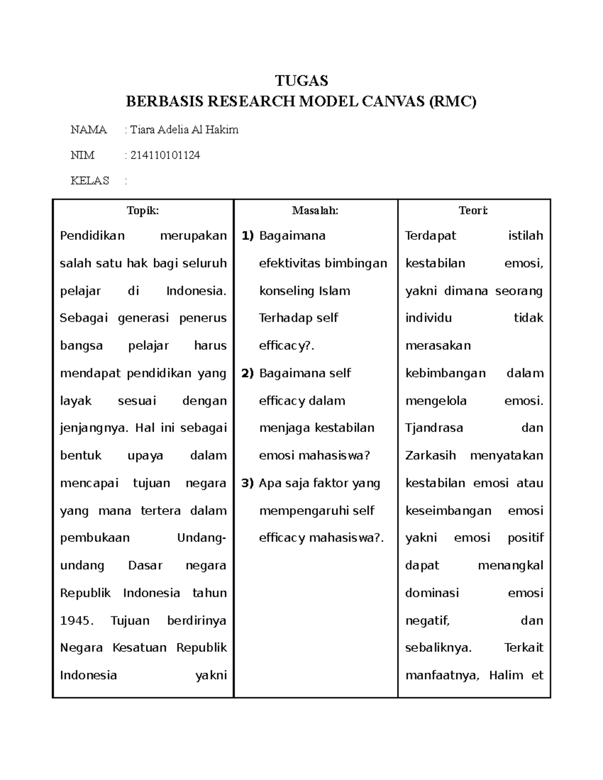 Metopen Tiara Adelia Al Hakim 214110101124 - TUGAS BERBASIS RESEARCH MODEL CANVAS (RMC) NAMA ...