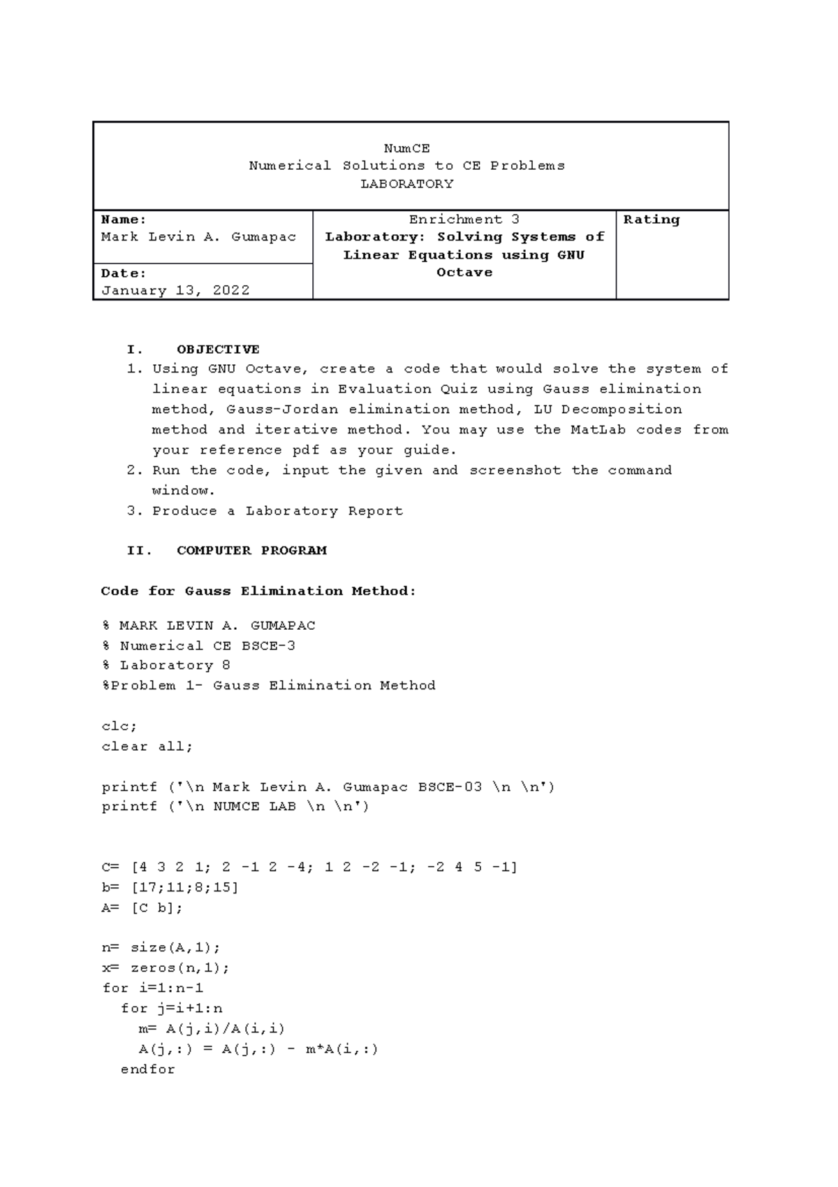 Numce - NumCE Numerical Solutions to CE Problems LABORATORY Name: Mark ...