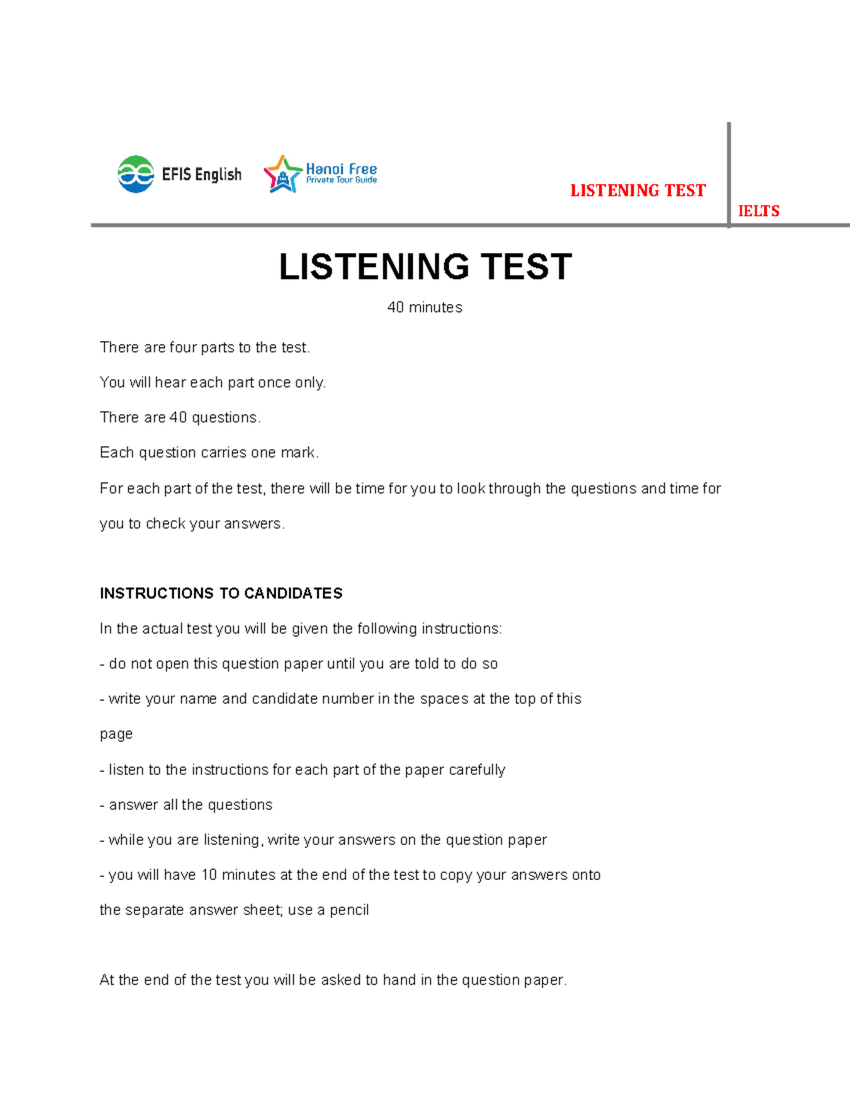 1. Listening TEST - nghe - LISTENING TEST IELTS LISTENING TEST 40 ...