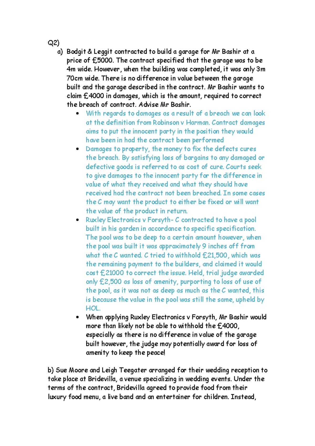 Damages Practise Q's - Andre Naidoo - Q2) a) Bodgit & Leggit contracted ...