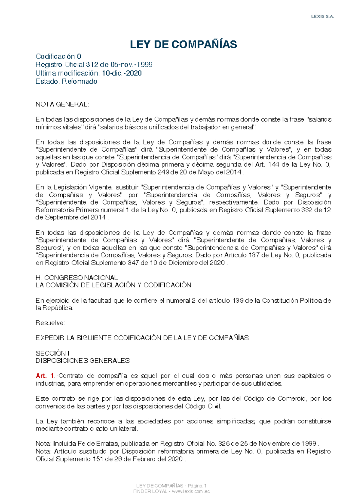 LEY DE Compañias - apuntes - LEY DE COMPAÑÍAS Codificación 0 Registro ...