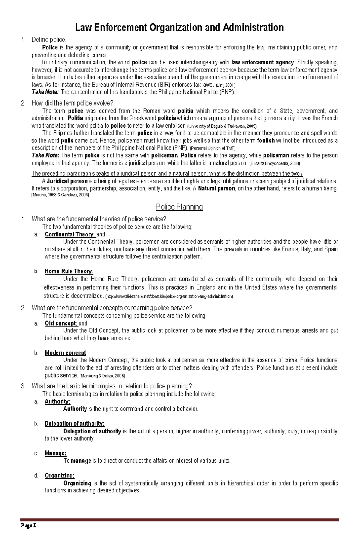 Law Enforcement Organization and Administration 1 - Define police ...