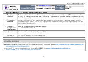 DLL Matatag English 7 Q2 W5 - MATATAG K to 10 Curriculum Weekly Lesson Log School: Visit - Studocu