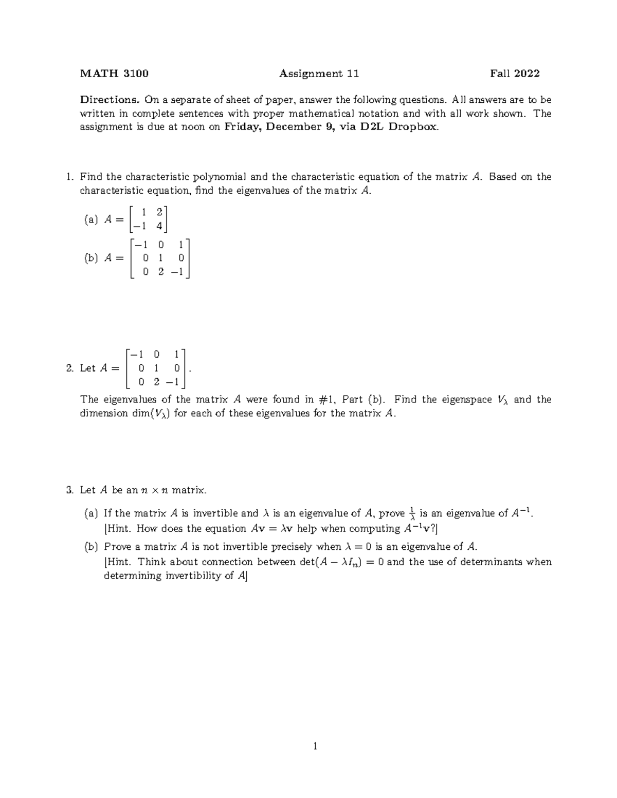 Fall2022Math3100Assignment 11 - MATH 3100 Assignment 11 Fall 2022 ...