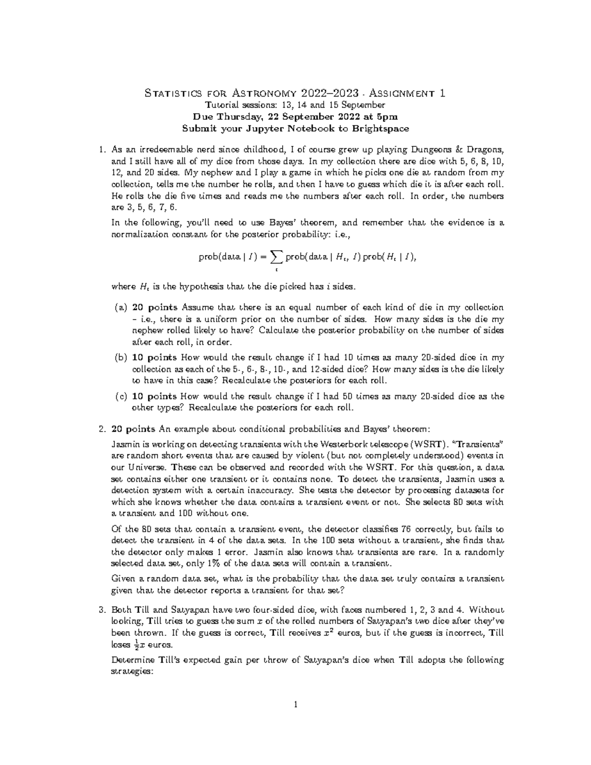 A1-probabilities - Probability theory with a Bayesian approach - Statistics for Astronomy ...