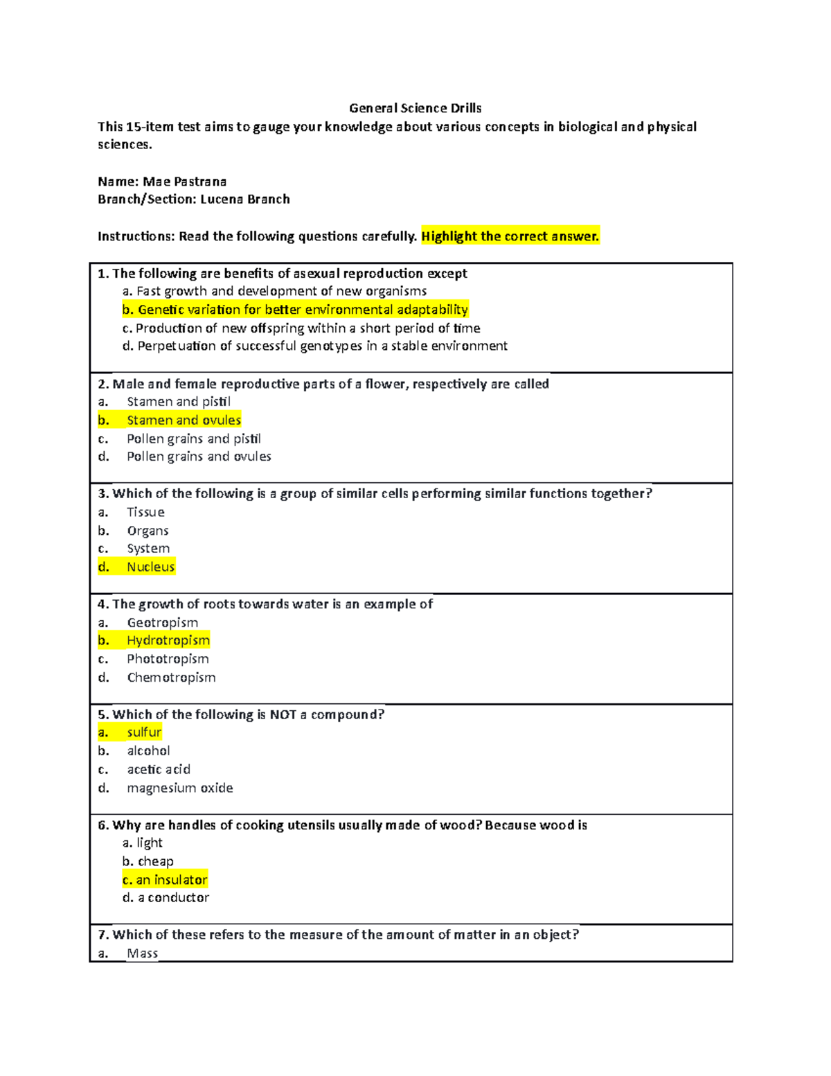 Science Drills (01-27-23) answer-1 - General Science Drills This 15 ...