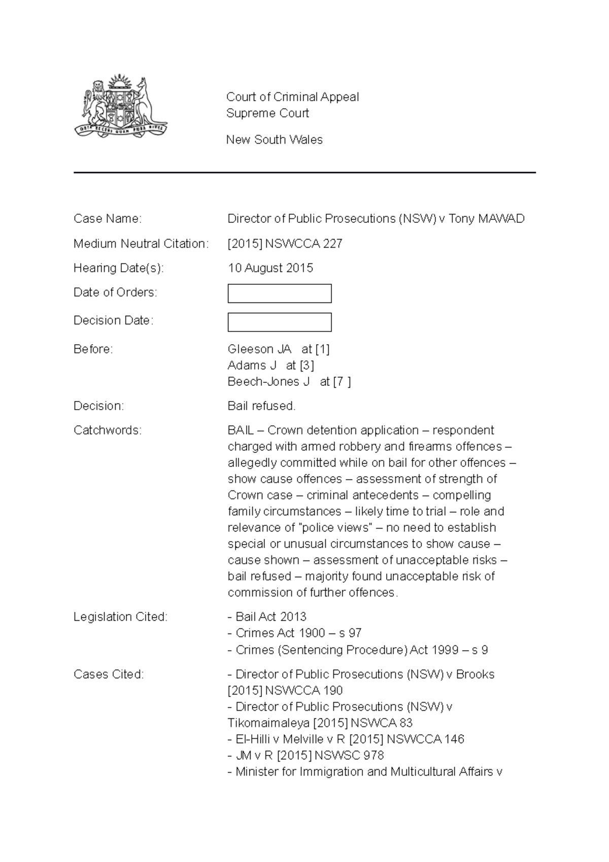 [2015 ] Nswcca 227 - Weekly readings Seminar Questions Week 1 2021 ...