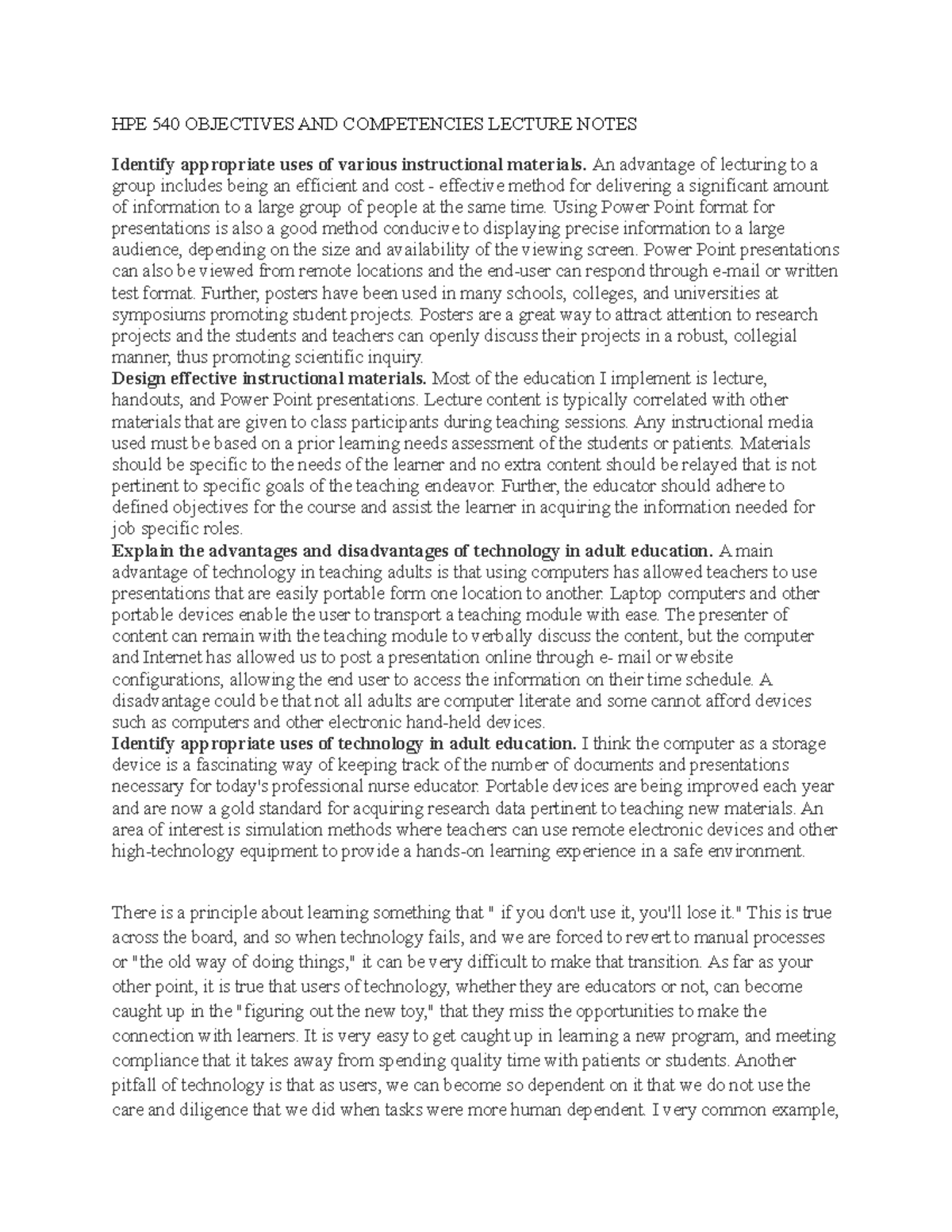 HPE 540 Objectives AND Competencies Lecture Notes - HPE 540 OBJECTIVES ...