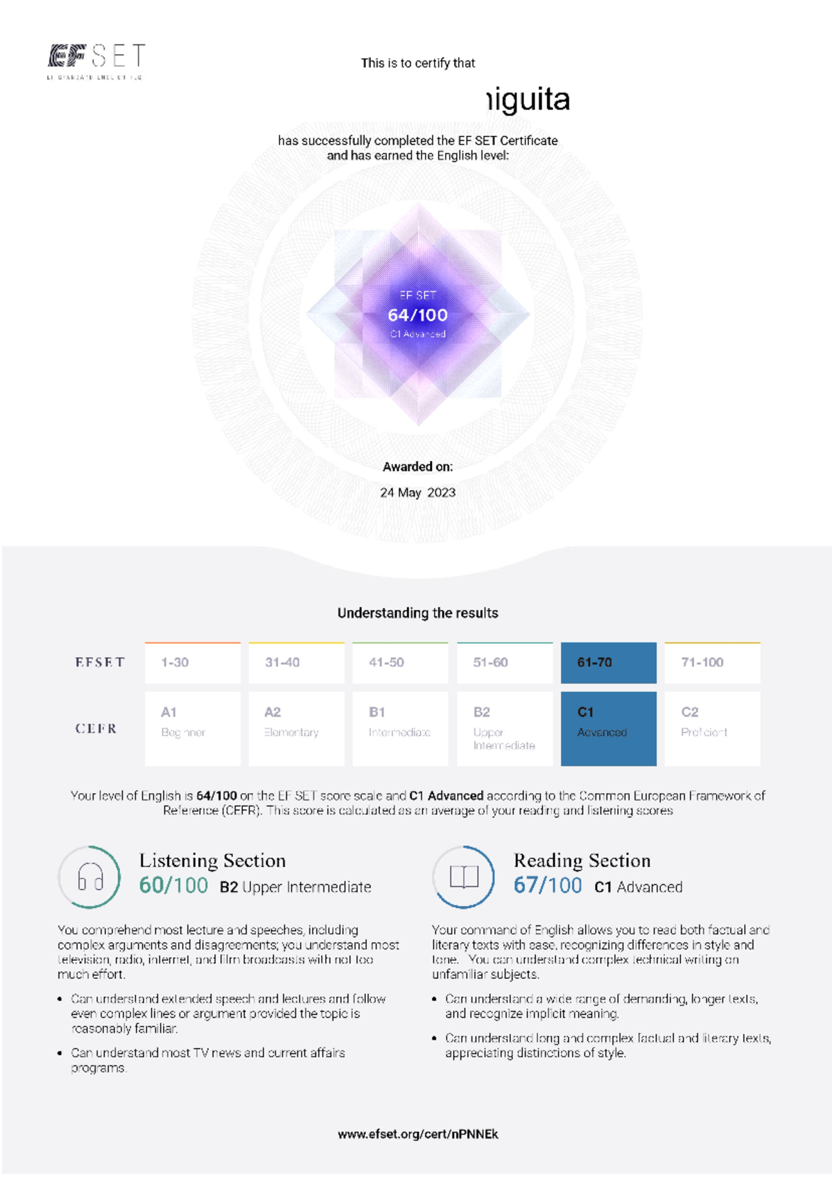 EF SET TEST Result - English Dot Works 1 - Studocu