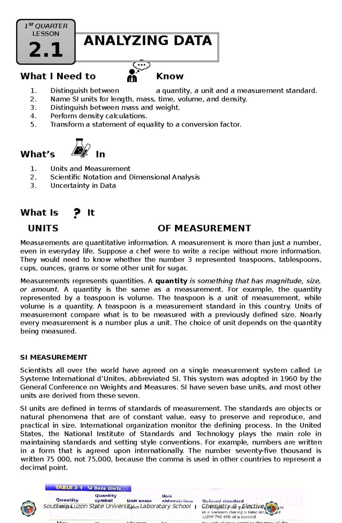Lesson 2.1 Analyzing DATA - ANALYZING DATA What I Need to Know 1. Distinguish between a quantity ...