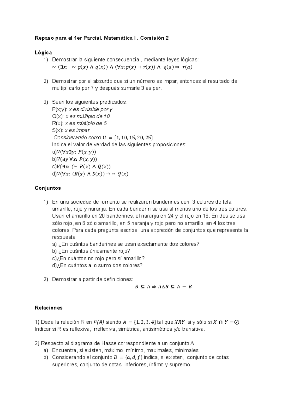 Modelo de primer parcial - Mat I - Repaso para el 1er Parcial. Matemática I. Comisión 2 Lógica 1 ...