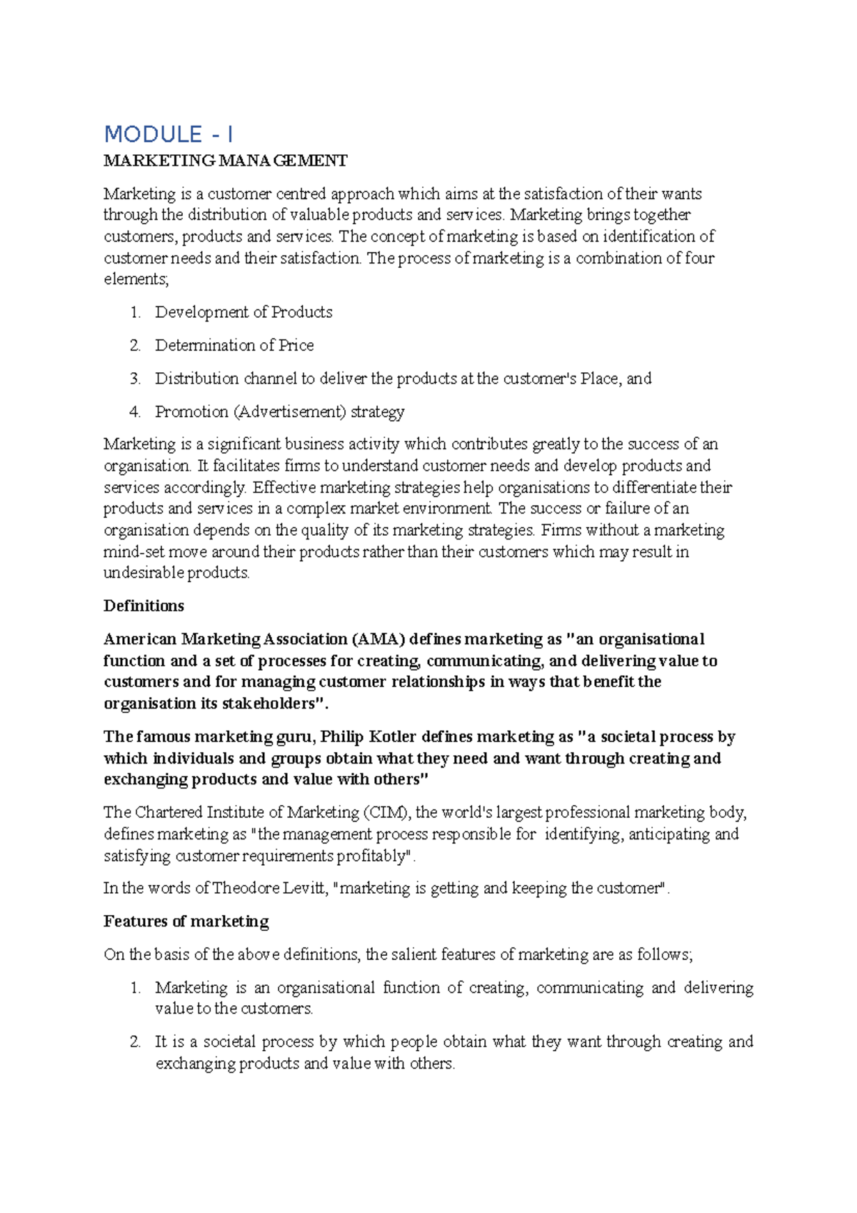 Marketing management - MODULE - I MARKETING MANAGEMENT Marketing is a ...