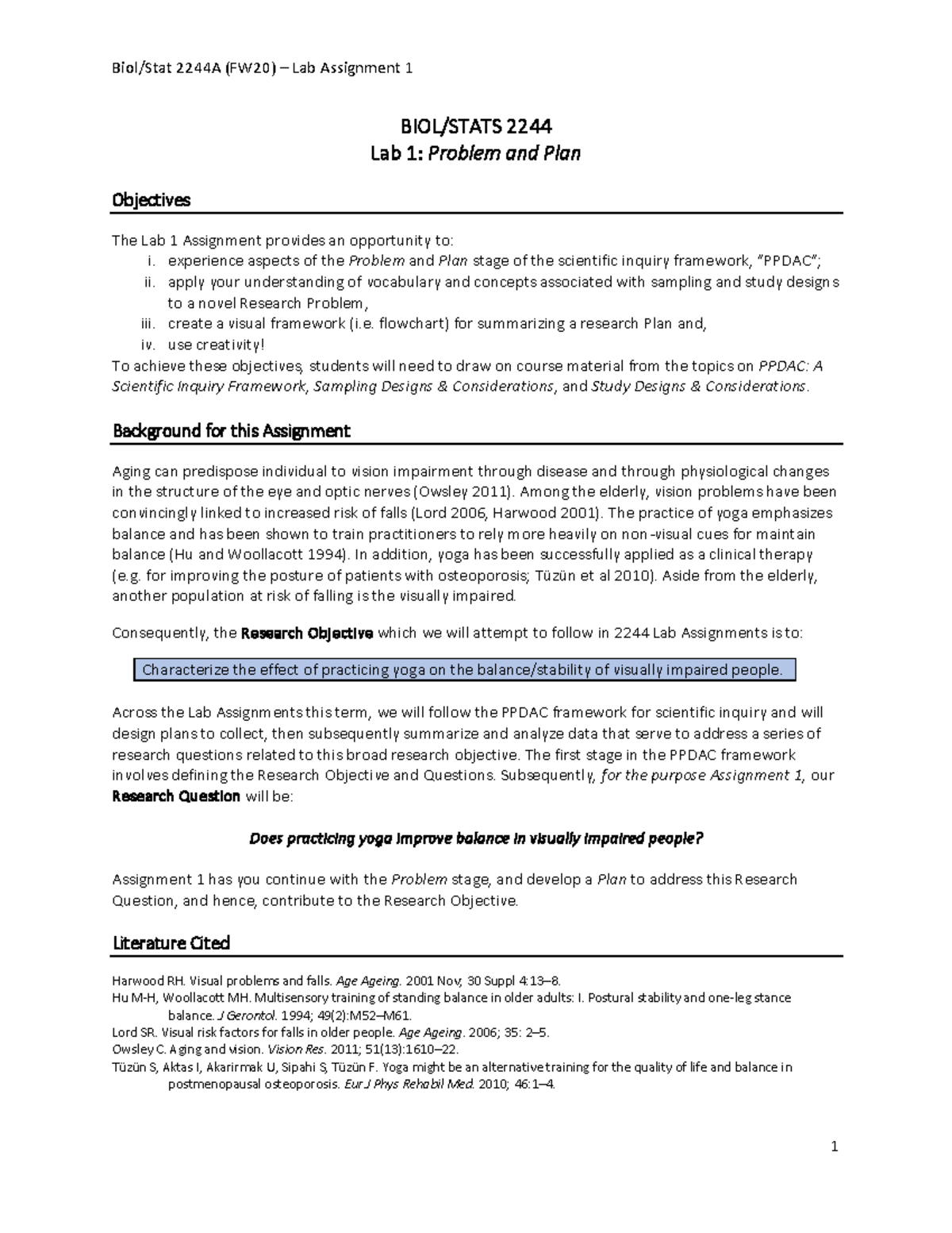 2244 A FW20 Lab Assignment 1 - BIOL/STATS 2244 Lab 1: Problem and Plan Objectives The Lab 1 ...