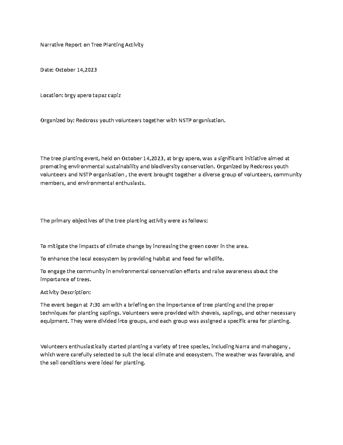 Blank Doc - For monitoring - Narrative Report on Tree Planting Activity ...