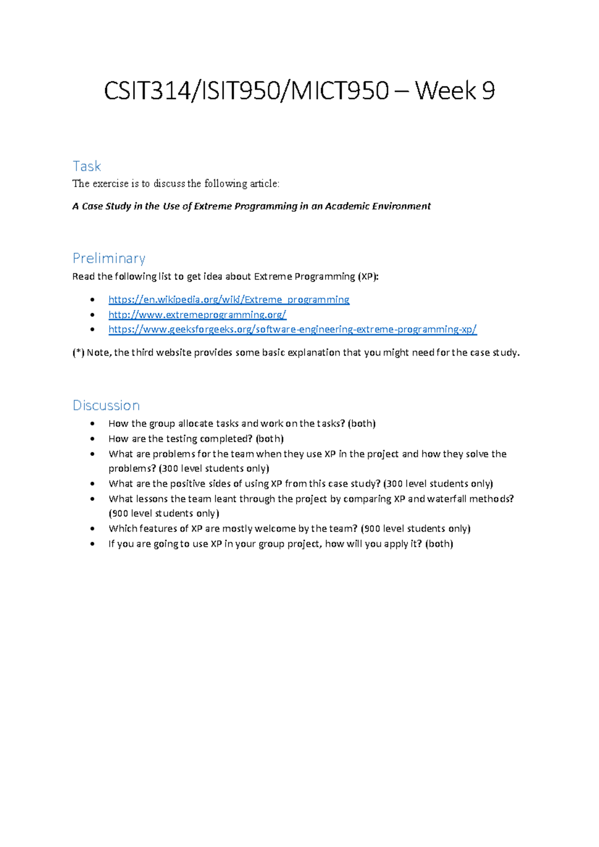 Lab week 9 - LEC - CSIT314/ISIT950/MICT950 – Week 9 Task The exercise is to discuss the ...