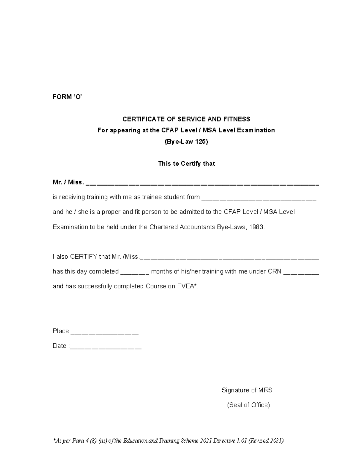Form O - Form 0 - FORM ‘O’ CERTIFICATE OF SERVICE AND FITNESS For ...