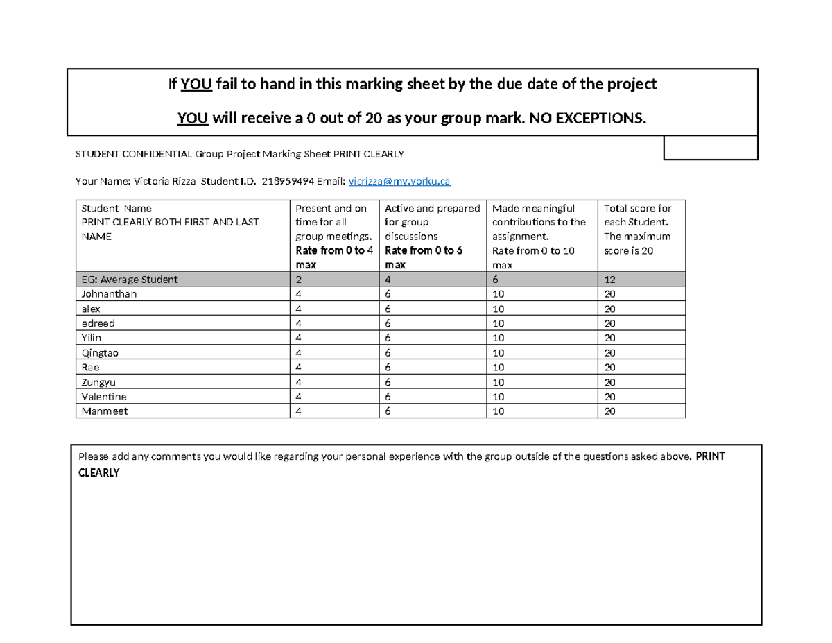 2015 Student Group Project Peer Evaluation Sheet - STUDENT CONFIDENTIAL ...