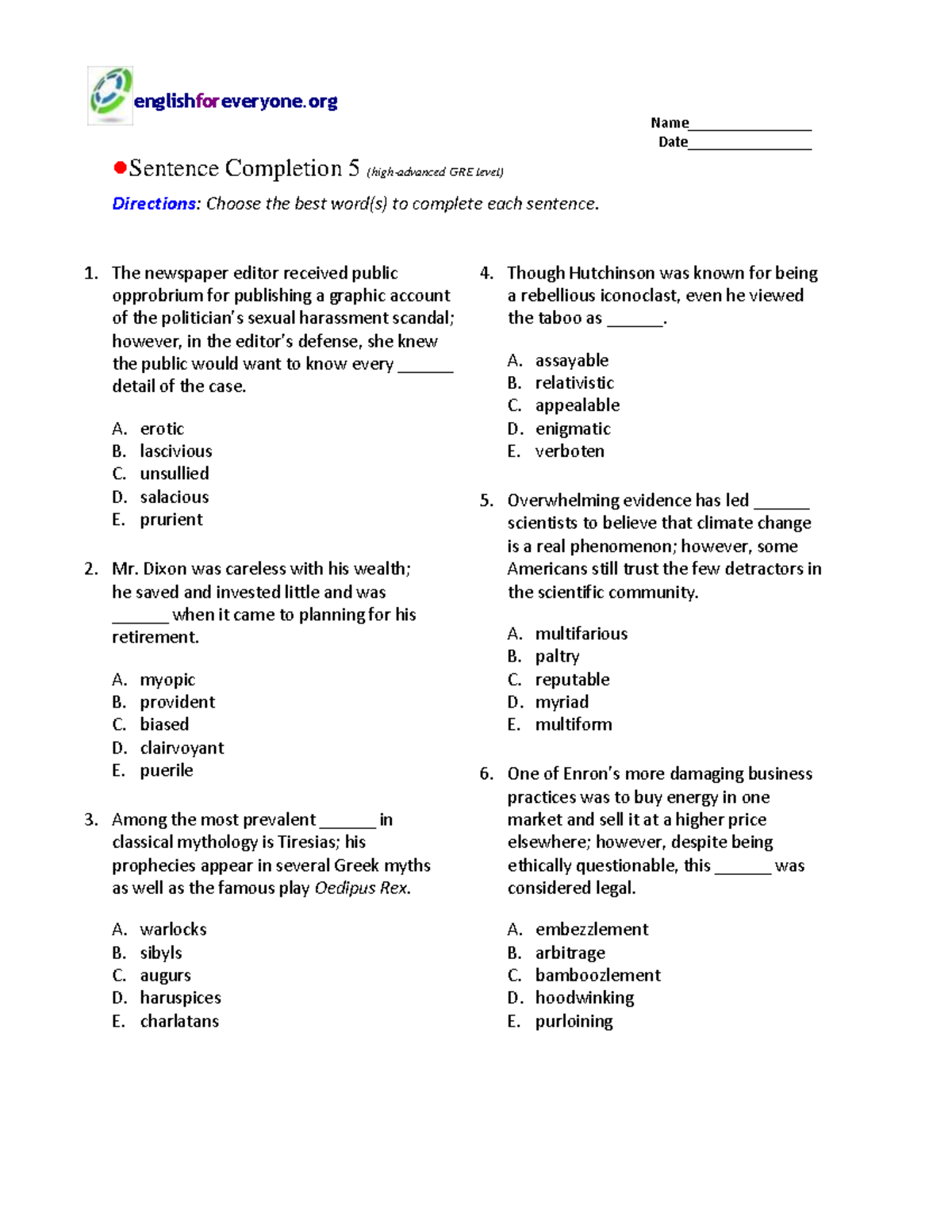High Advanced Sentence Completion 5 - englishforeveryone Name ...