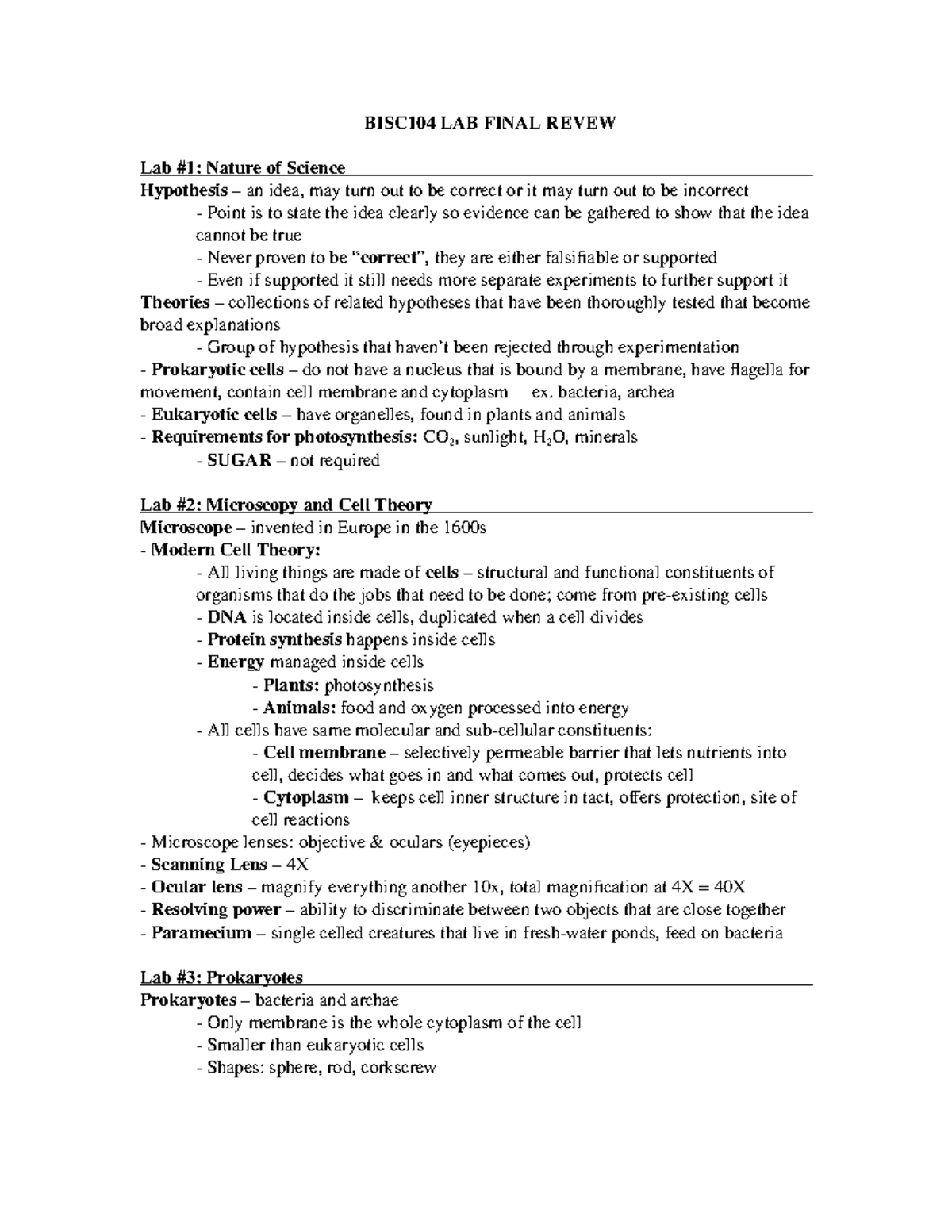 BISC104 Lab Final Review - BISC104 LAB FINAL REVEW Lab Nature of ...