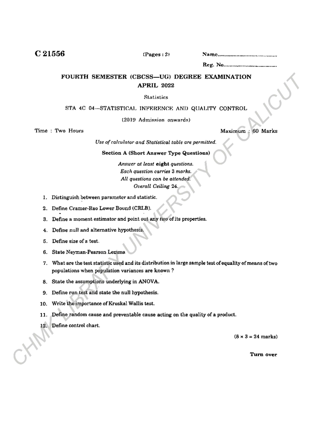 STA4C04 Statistical Inference AND Quality Control - 2022 Question Paper - C 21556 (Pages : 2 ...