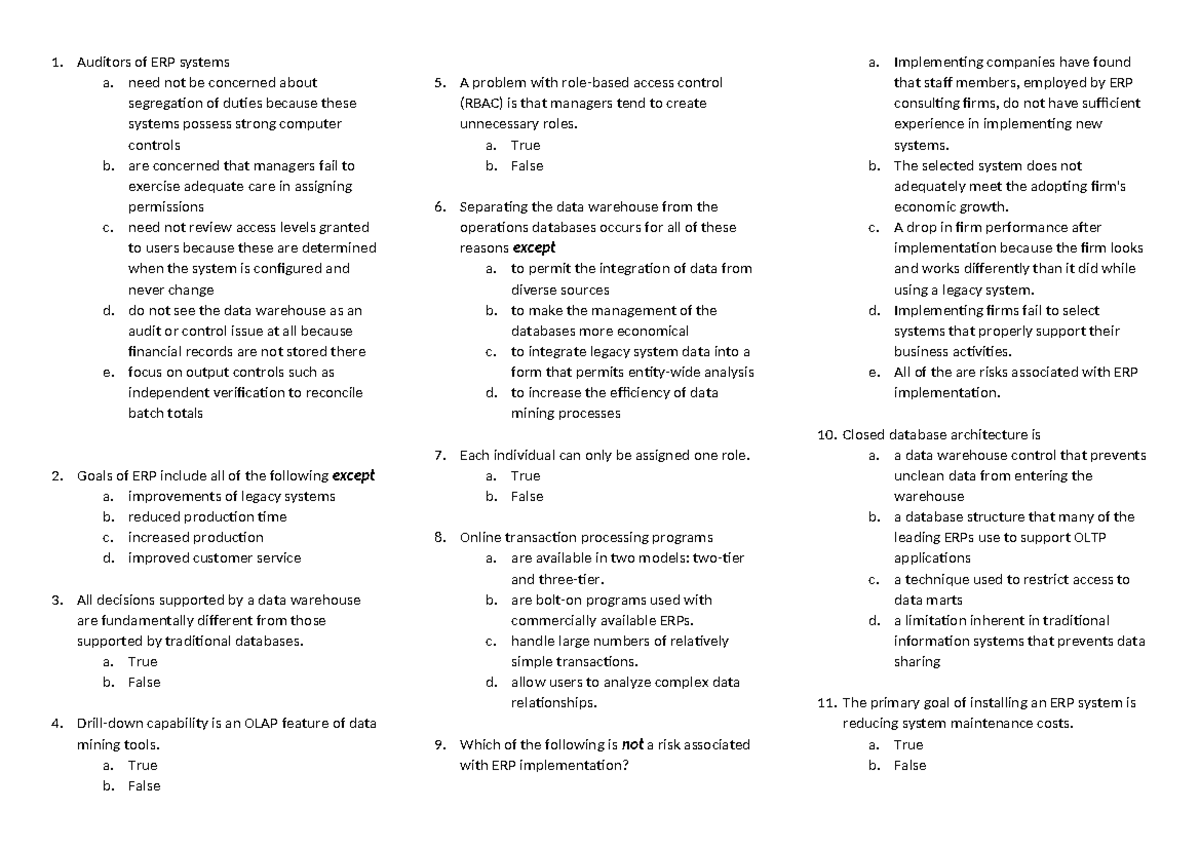 AIS Ch 1 1 Questionnaire Upload - Auditors of ERP systems a. need not be concerned about ...