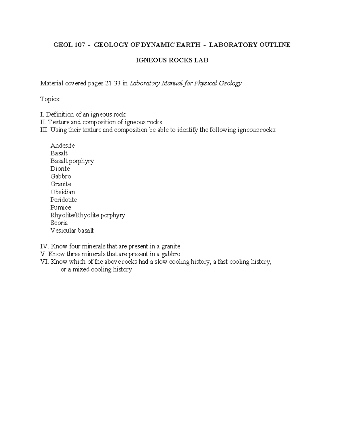 GEOL107 Lab 2 Igneous Rocks - GEOL 107 - GEOLOGY OF DYNAMIC EARTH ...