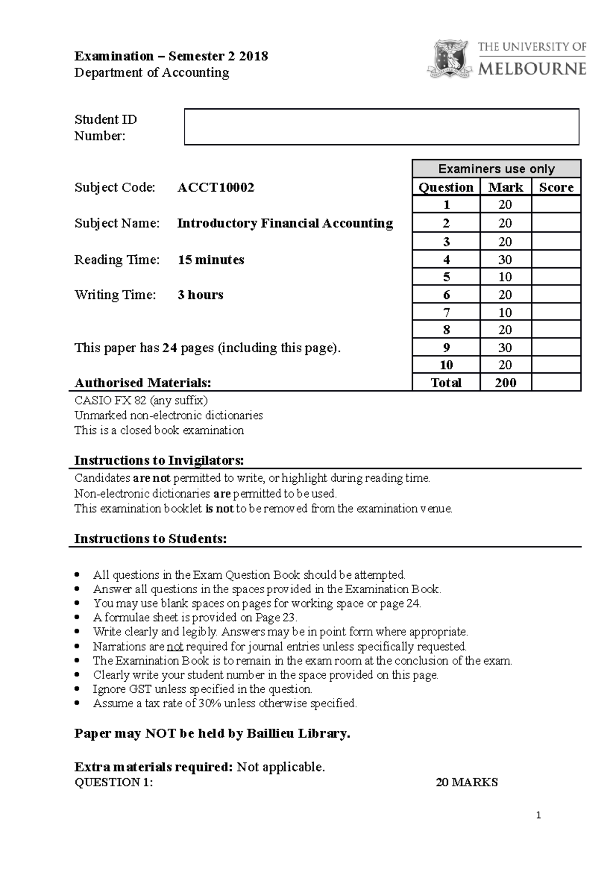 End Exam Semester 2 2018 - Examination – Semester 2 2018 Department of ...