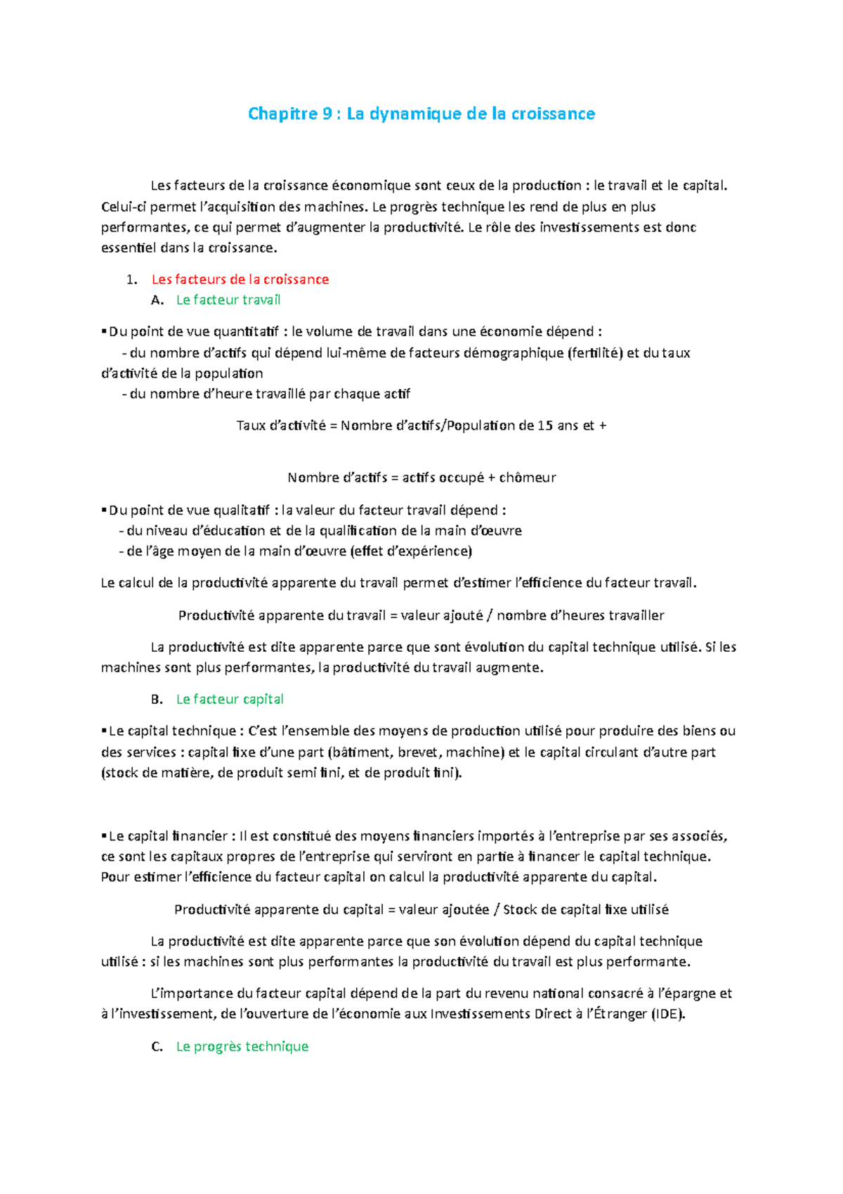 Chapitre 9 - Chapitre 9 : La dynamique de la croissance Les facteurs de la croissance économique ...