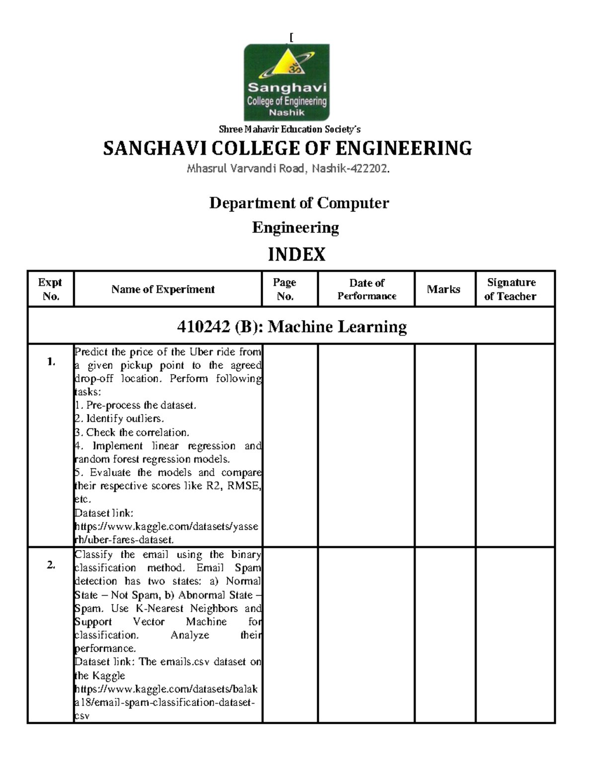 ML index - Summary Computer Engineering - [ Shree Mahavir Education ...