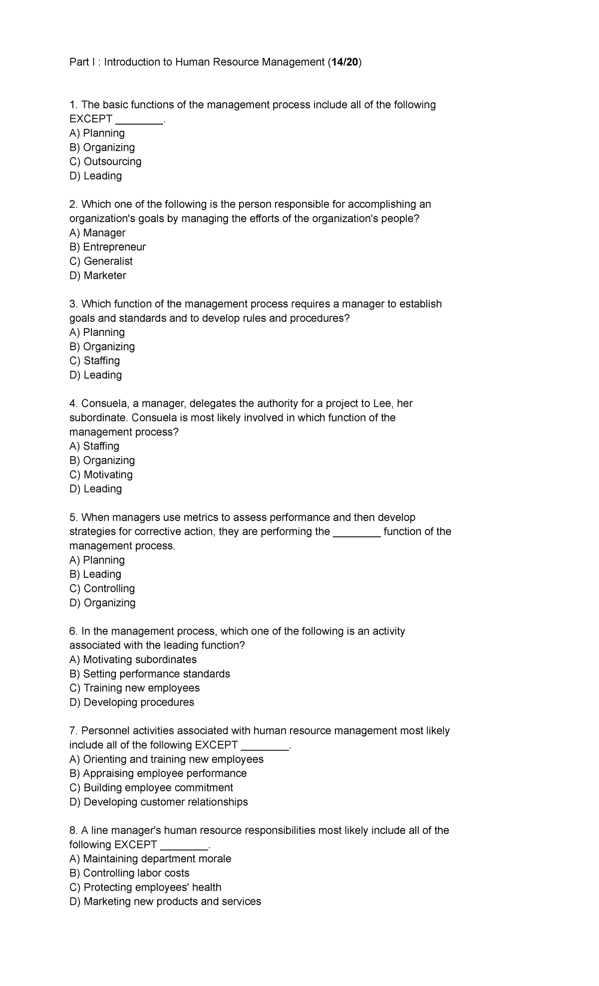 Practice Test CHRA - Part I : Introduction to Human Resource Management ...